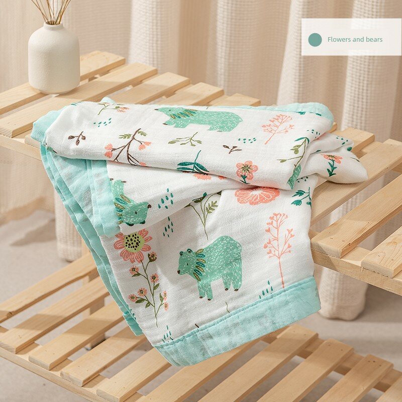 4-слойное бамбуково-хлопковое полотенце с цветами и медвежонком 120x150 см для возрастов 0-8 лет