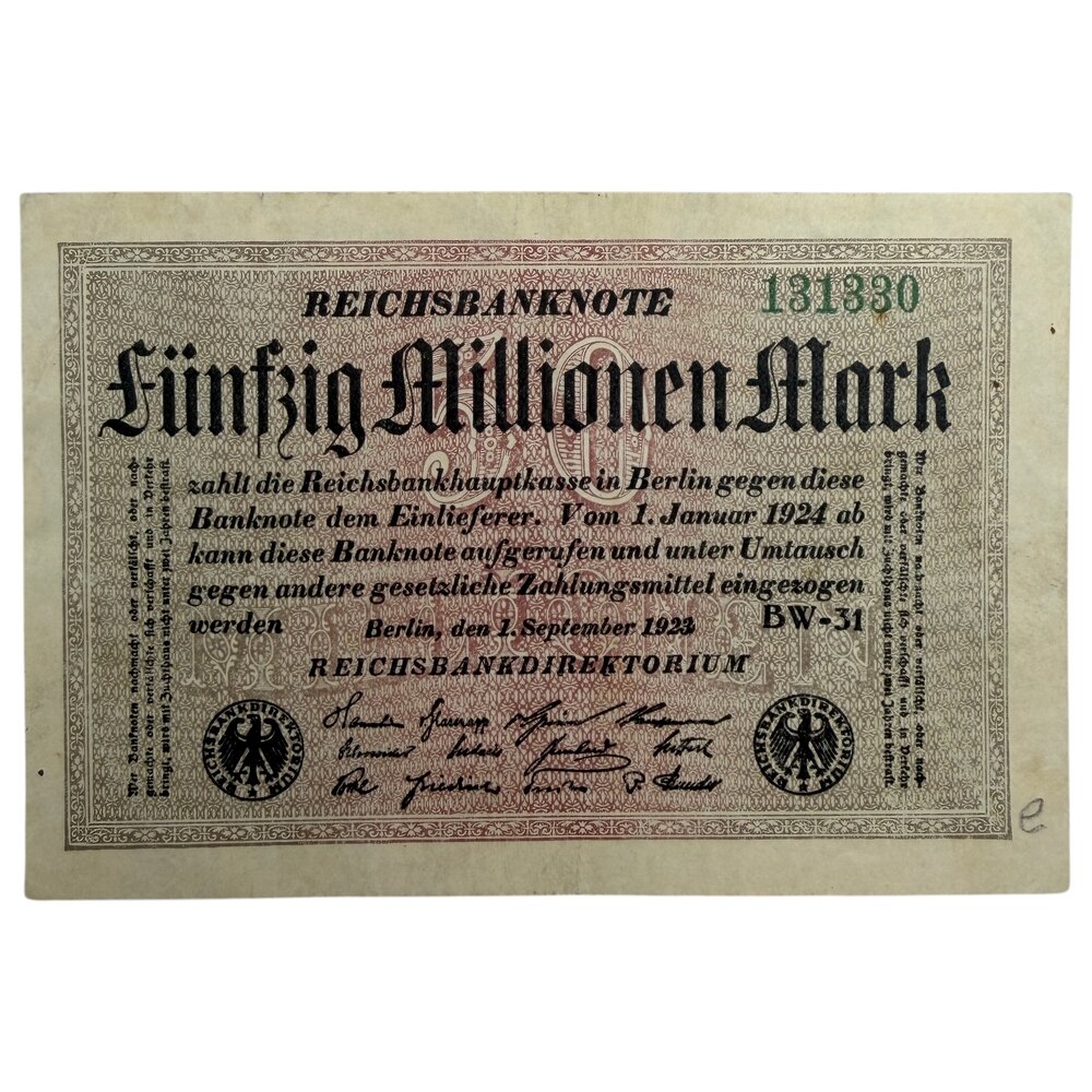 Веймарская республика 50000000 (50 миллионов) марок 1923 г. (01.09) (ВЗ - Звёзды G&D) (Серия BW-31)