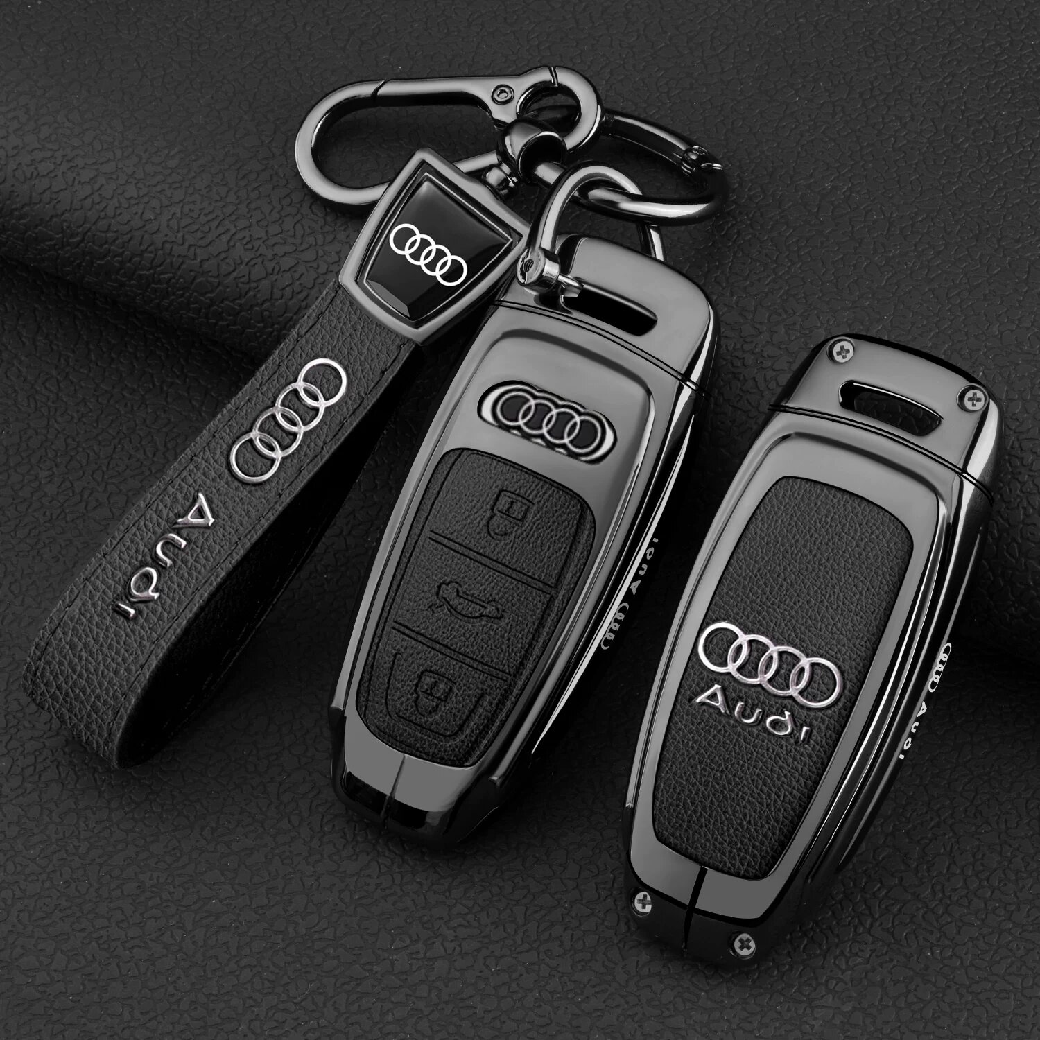 Чехол для ключа Audi A6L 2026-2019 с металлическим корпусом, замком-шнуром, передней и задней кожей оттенка Нобль Блэк