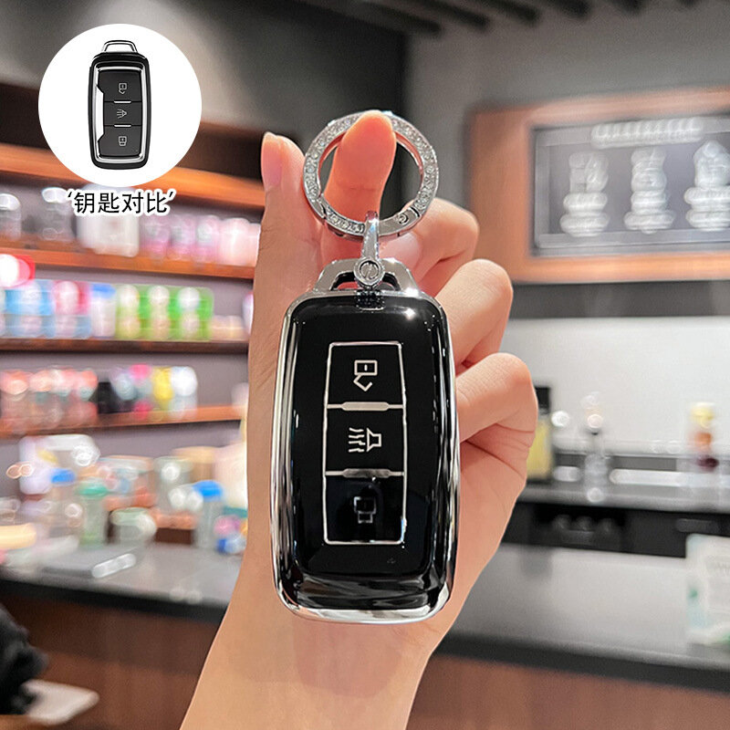 TPU чехол для ключа на Chery X70/X90/Kaiyi X3/X5, черный с стразами, премиум материал