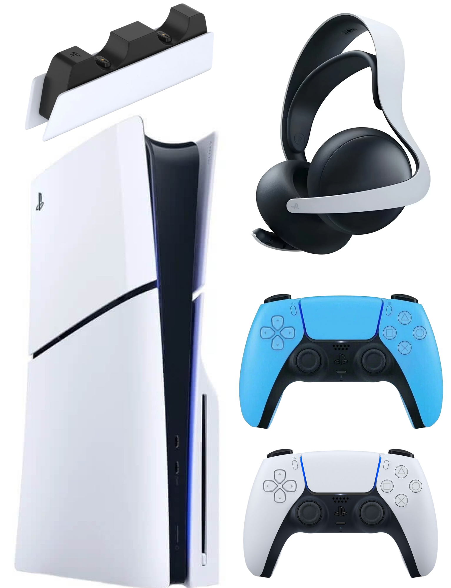 Игровая приставка Sony PS5 Slim Disc 1TB (c дисководом)+2-ой геймпад+зарядная станция и наушники Pulse Elite White