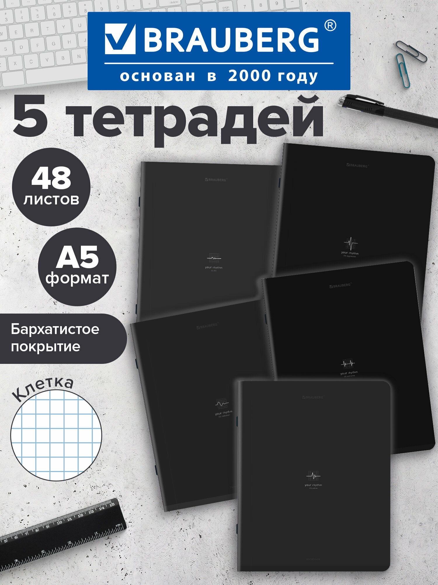 Тетрадь А5 в клетку 48 листов для записей в школу и офис, 5 штук, скоба, "Ритм", обложка SoftTouch, Brauberg, 404915