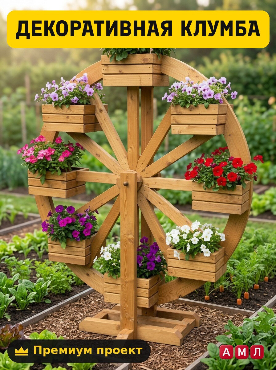 Премиум проект чертеж деревянная декоративная грядка-колесо с ящиками клумба для цветов на дачу сделать своими руками - скачать и распечатать чертежи с размерами, пошаговая и поэтапная схема сборки