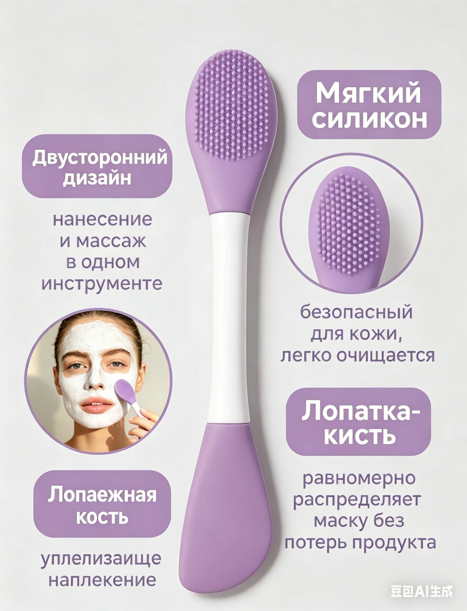Кисть силиконовая для маски двусторонняя + массаж лица, скребок для нанесения и умывания, антибактериальная, многоразовая