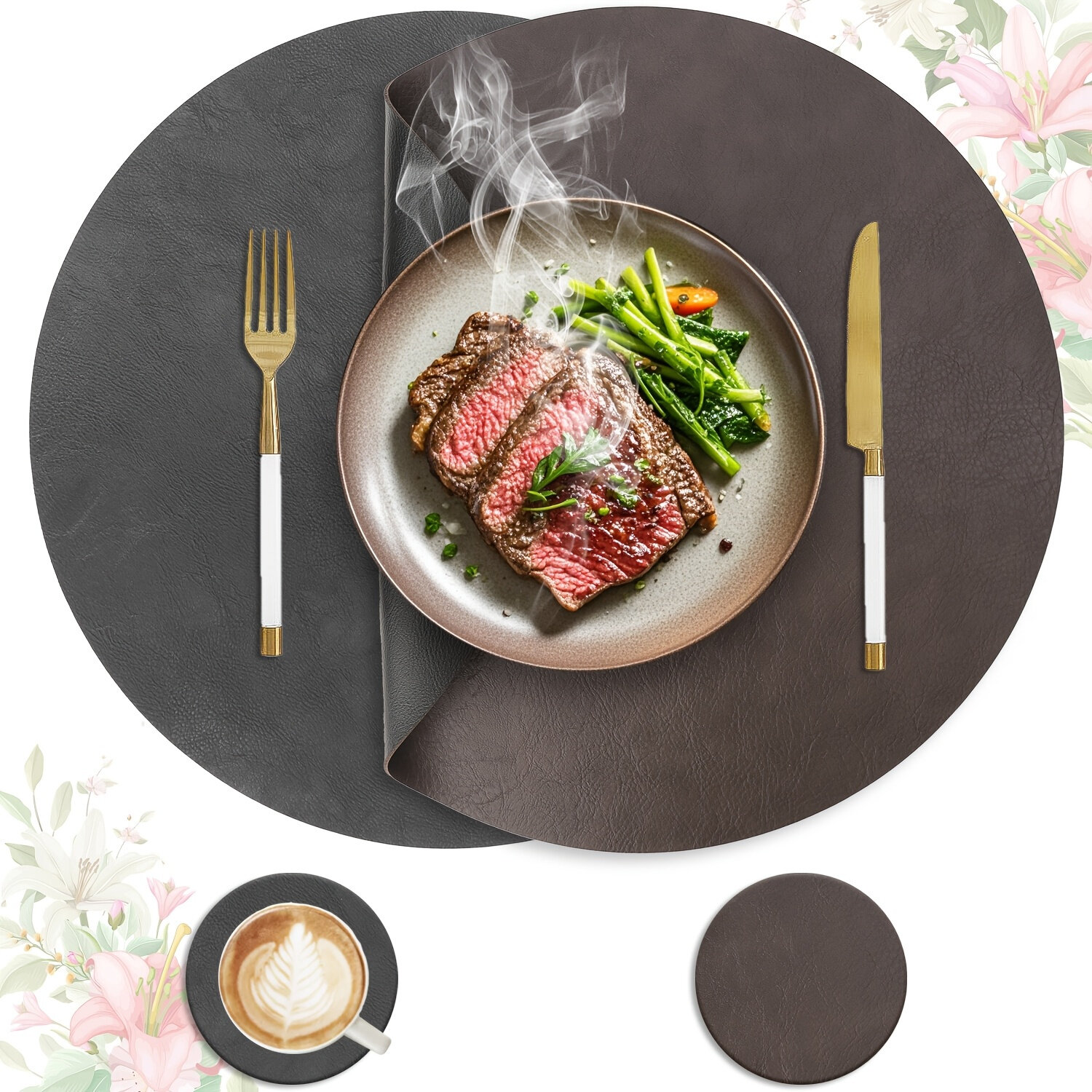 Салфетки-подложки для стола круглые из искусственной кожи, комплект 4 шт, коричневый и черный