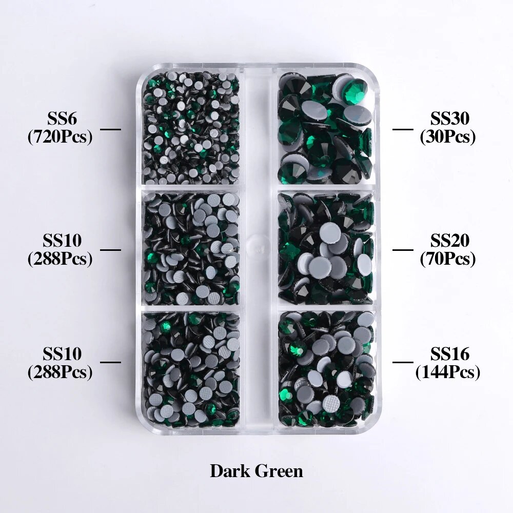 Стразы стеклянные Dark Green, ассорти SS6-SS30, 6 секций