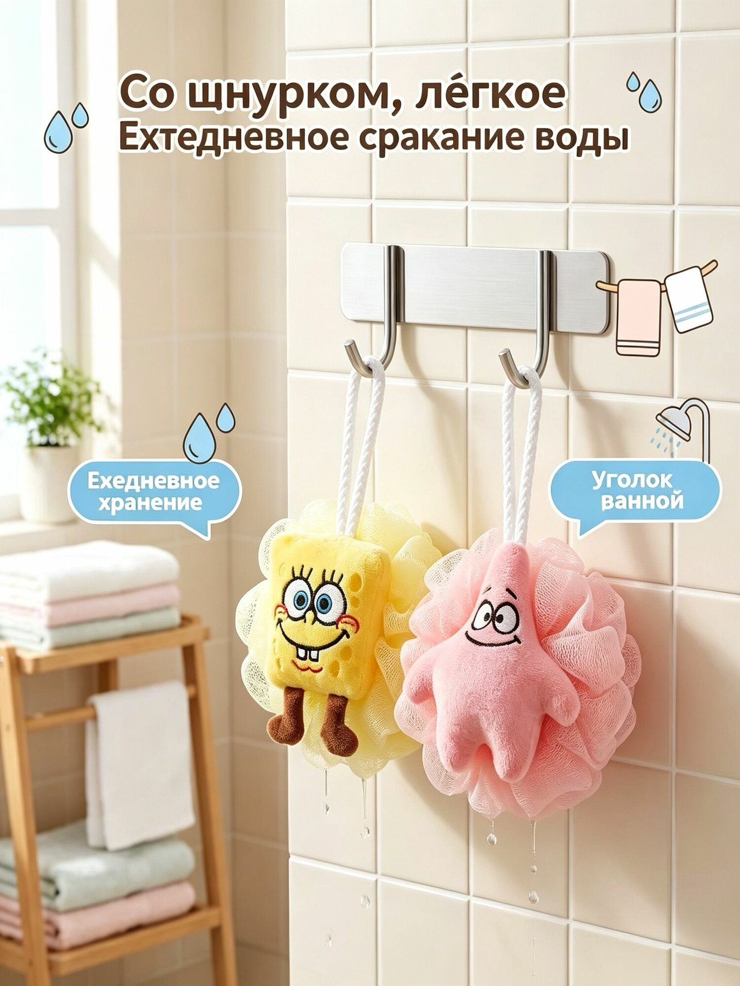 Новая детская мочалка для ванны в виде мультяшных Губки Боба и Патрика, для купания.