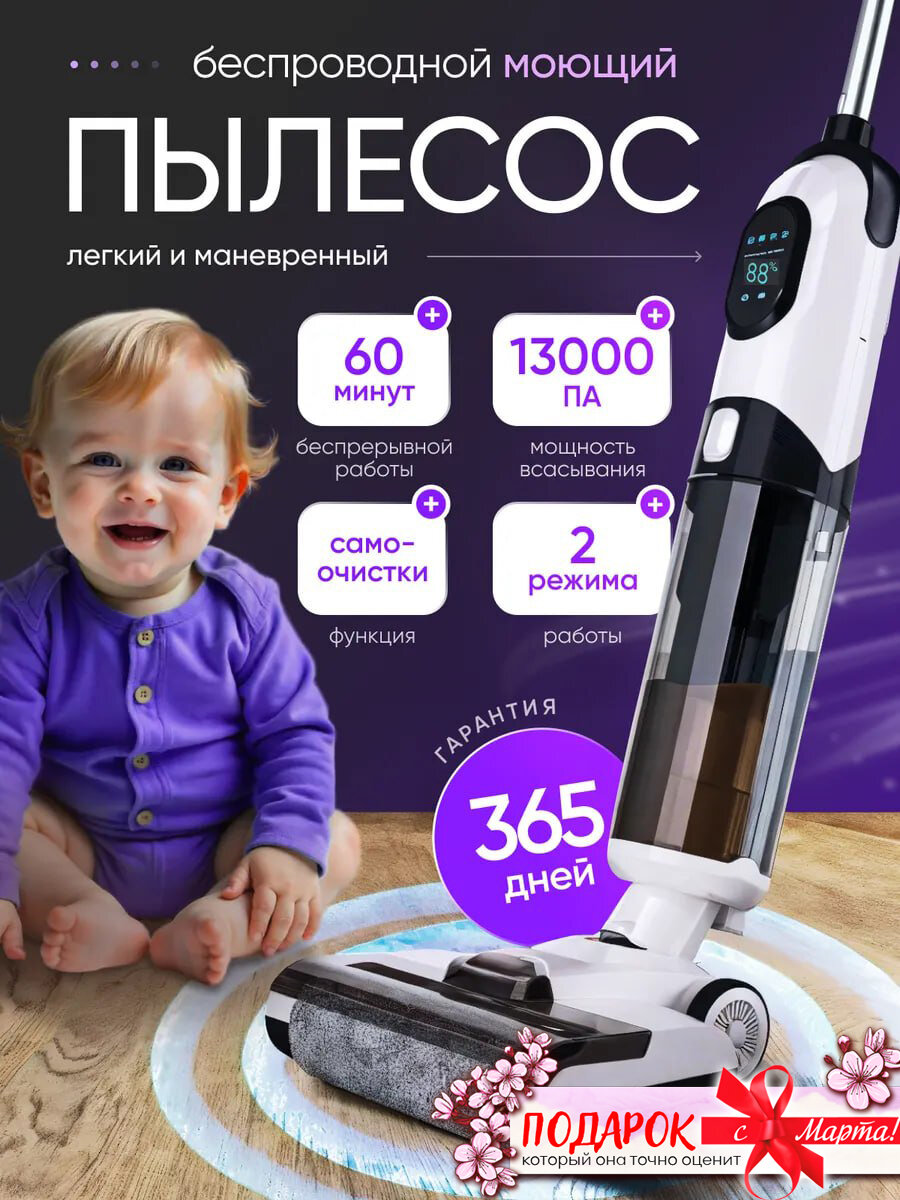 Моющий пылесос вертикальный INTREX, беспроводной, мощный, самоочистка