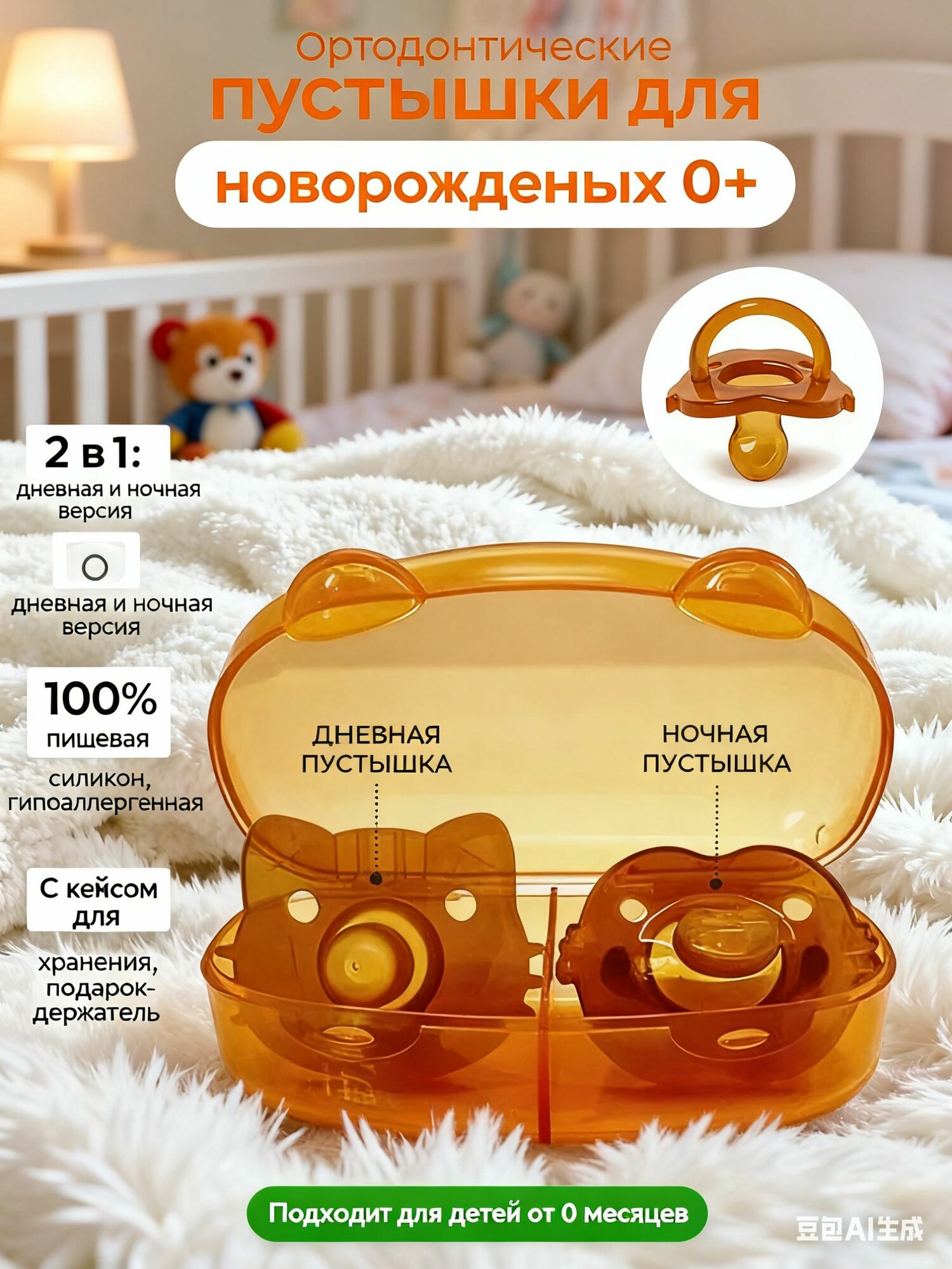 2 ортодонтические пустышки для новорожденных + цепочка для предотвращения потери