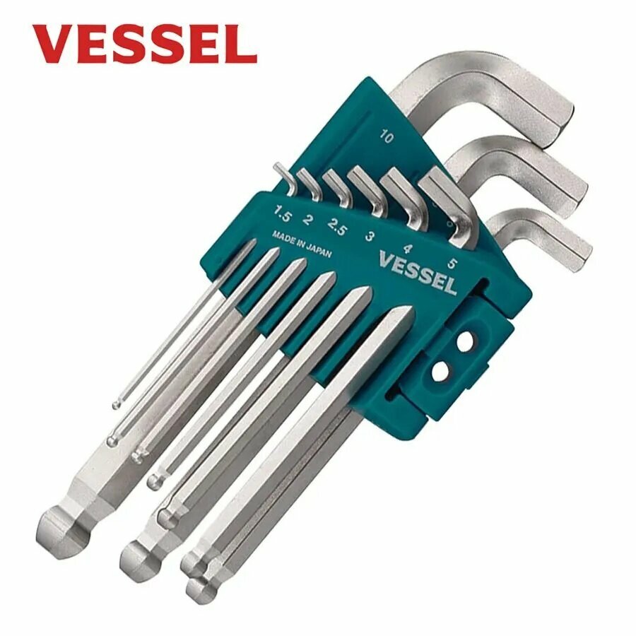 Набор Ключ шестигранный VESSEL Г-образный удлиненный, 9 штук, NO.8209BP-S
