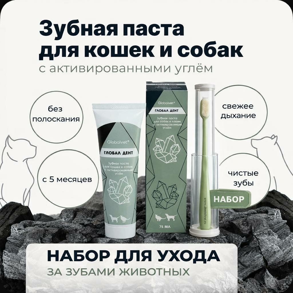 Набор. Зубная паста для собак и кошек с актив. углем Глобал-вет + зубная щетка Денталвет