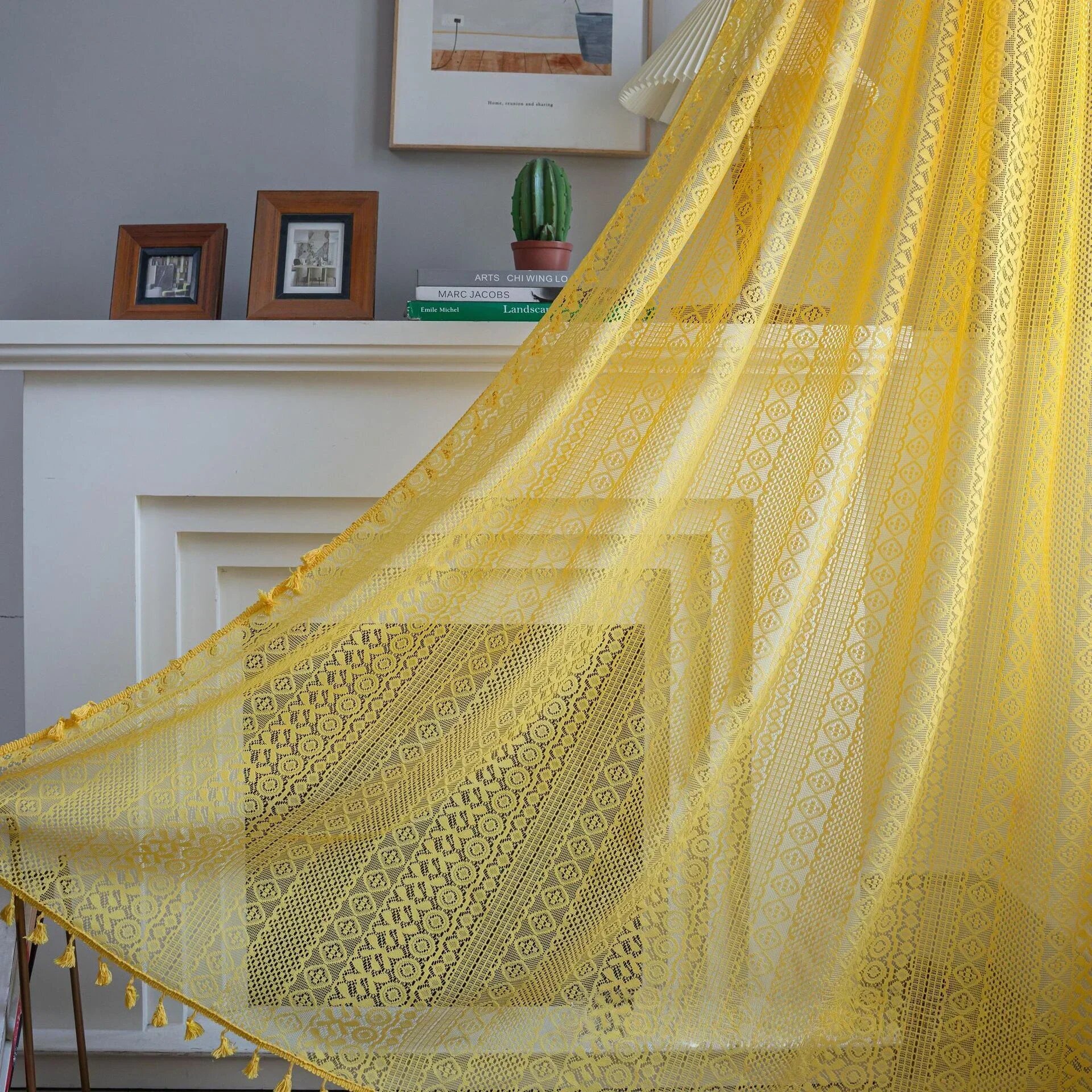 Льняные джутовые шторы с кисточками Светло-желтый, W150cm x H300cm 1pc, Желтый