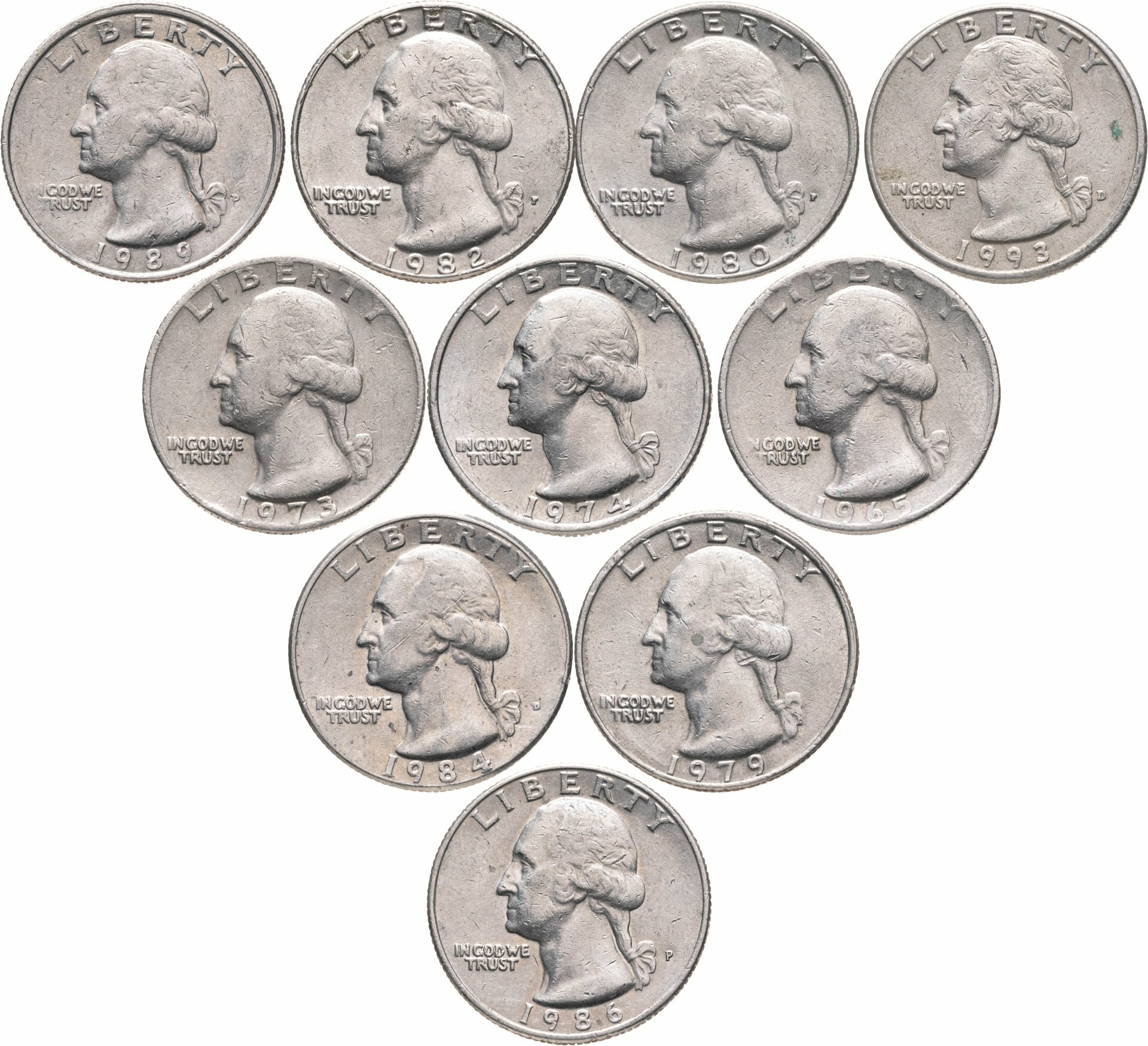США набор из 10 монет 25 центов квотер, 1/4 доллара, quarter dollar 1965-1993, Медь 900, в сохранности XF-UNC