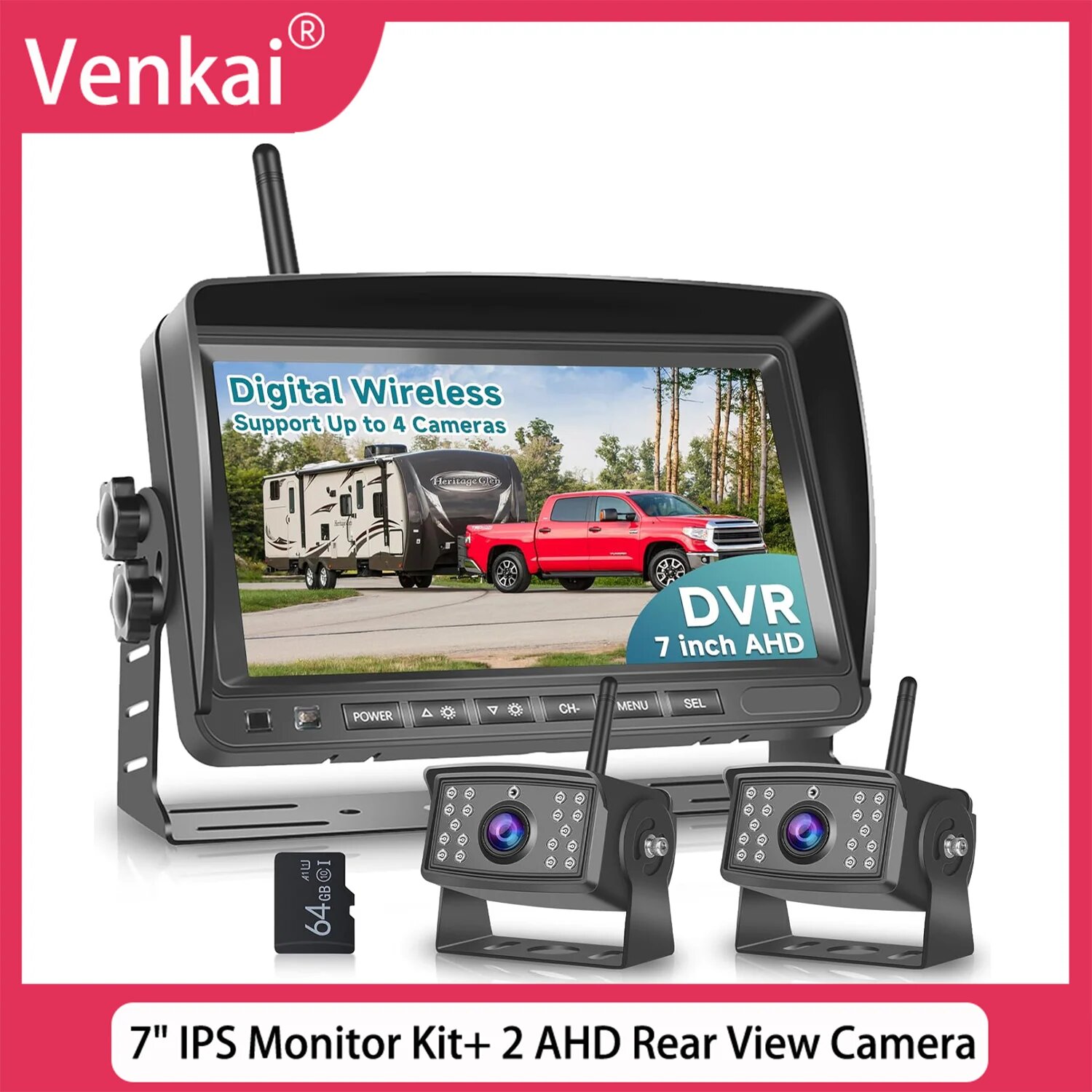 Комплект Venkai: 7-дюймовый IPS-монитор, 2 камеры заднего вида AHD, водонепроницаемая, с ночным видением, DVR-запись, беспроводная камера заднего хода, 12В-36В для грузовиков
