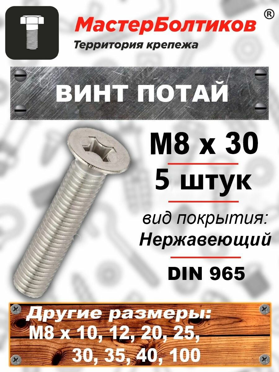 Винт потай M8х30 нержавеющий А2 DIN 965 "МастерБолтиков" ( 5 шт )