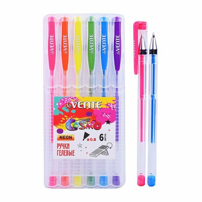 Набор ручек гелевых deVENTE 6 флуоресцентных неоновых цветов, d 0,8 мм