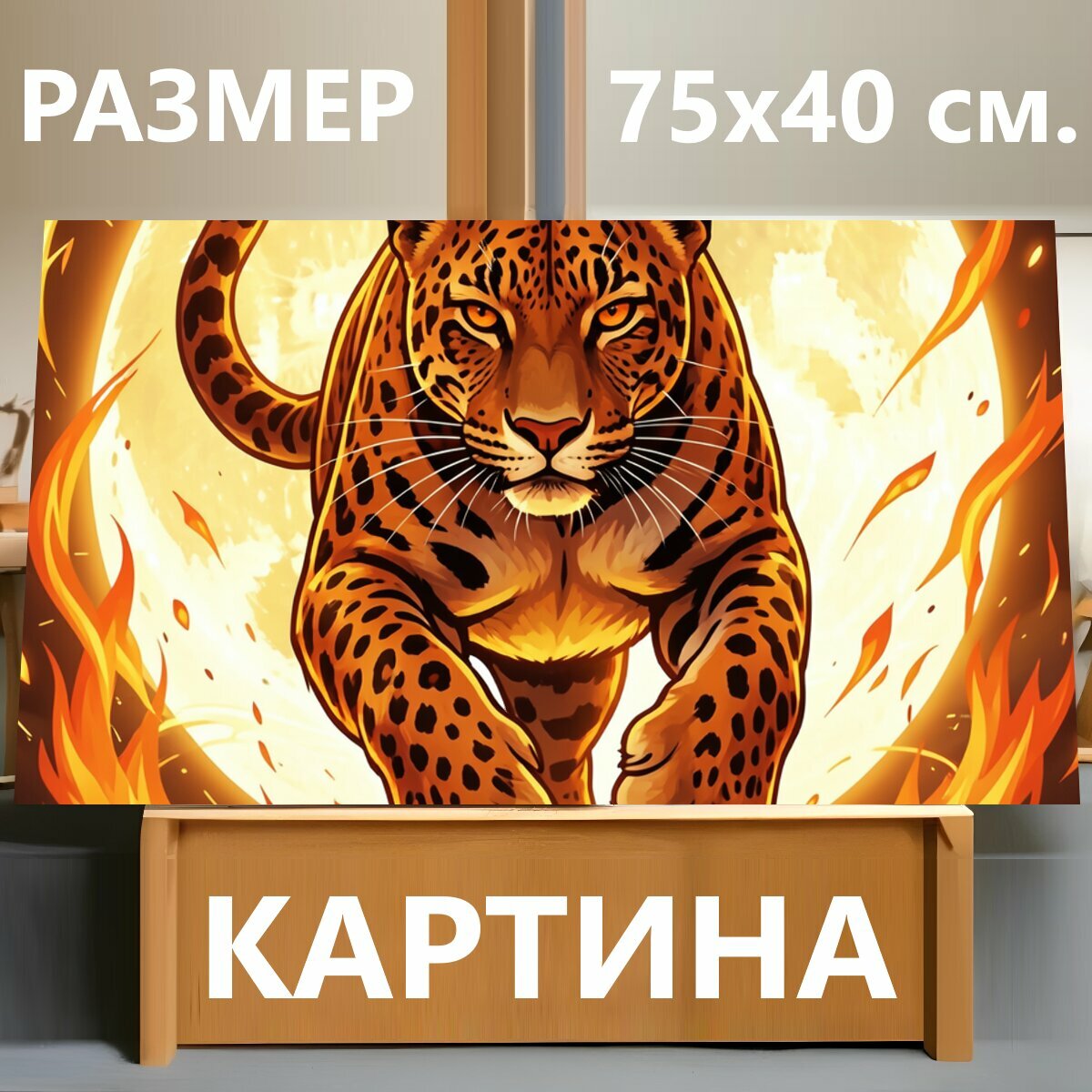 Картина на холсте "Леопард в огненном сиянии. Хищная большая кошка в динамичном прыжке на фоне яркого лунного диска и языков пламени." на подрамнике 75х40 см. для интерьера