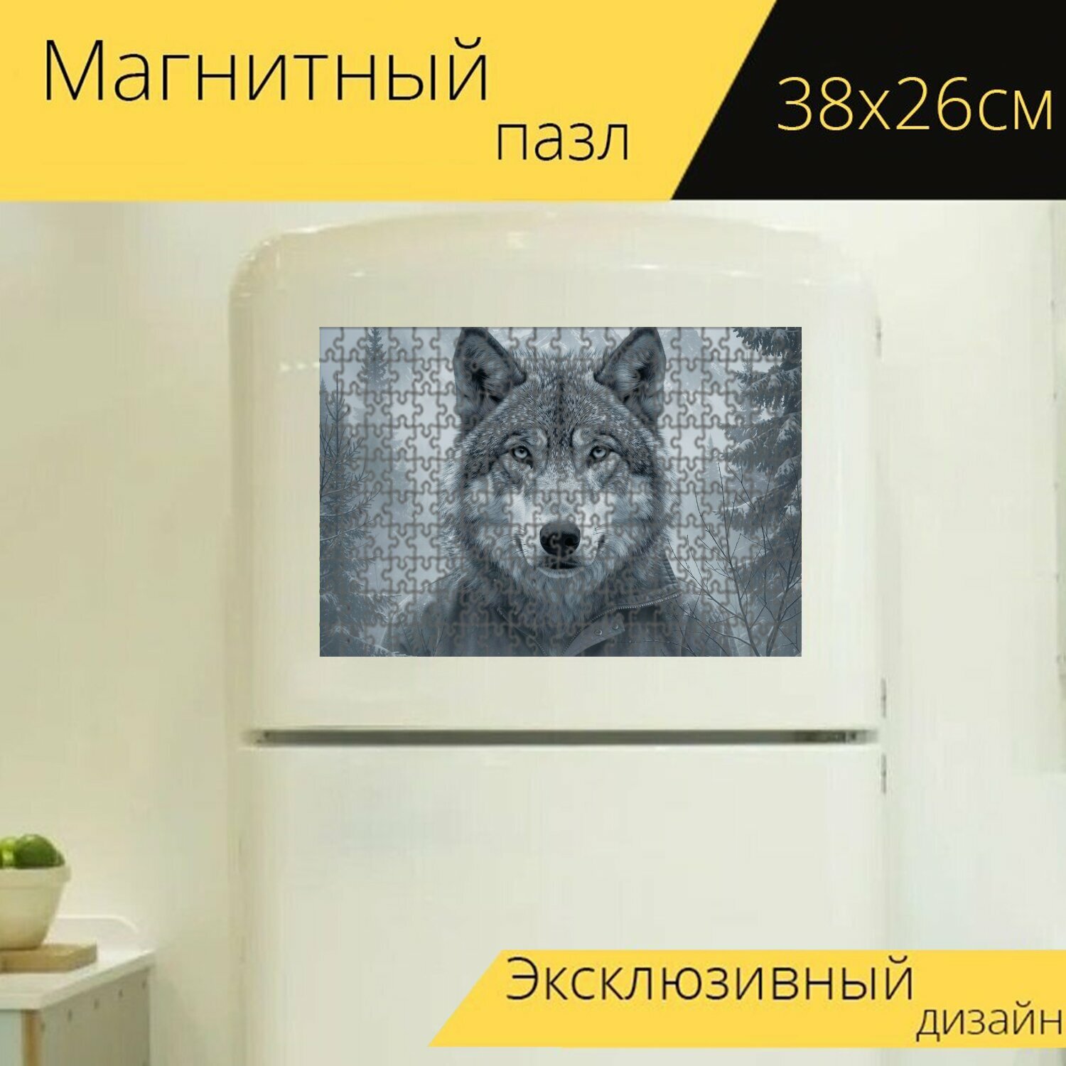 Магнитный пазл "Волк в горном тумане. Суровый хищник с пронзительным взглядом на фоне заснеженных вершин и хвойного леса. Холодная серо-голубая палитра." для интерьера, 38х26 см.