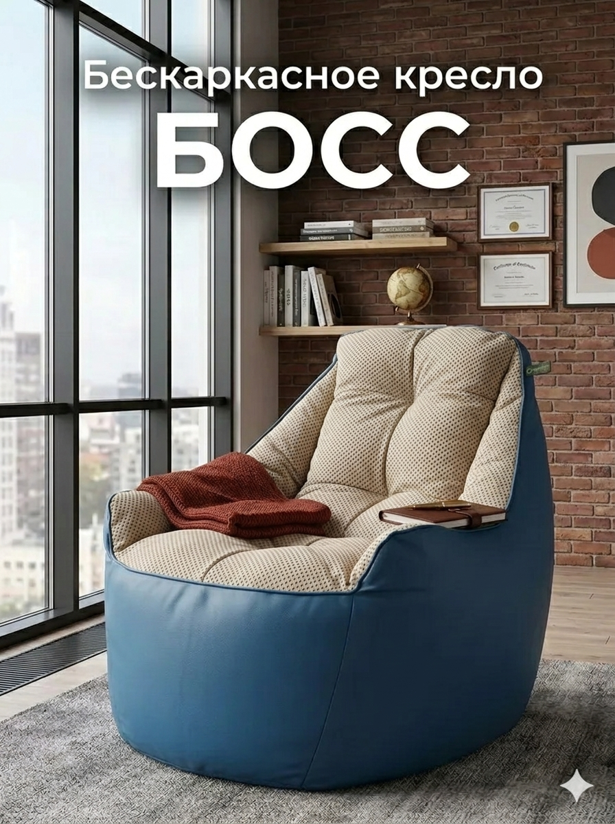 Кресло-мешок Пуффбери «Босс», размер большой, Эко-кожа и велюр Синий и бежевый