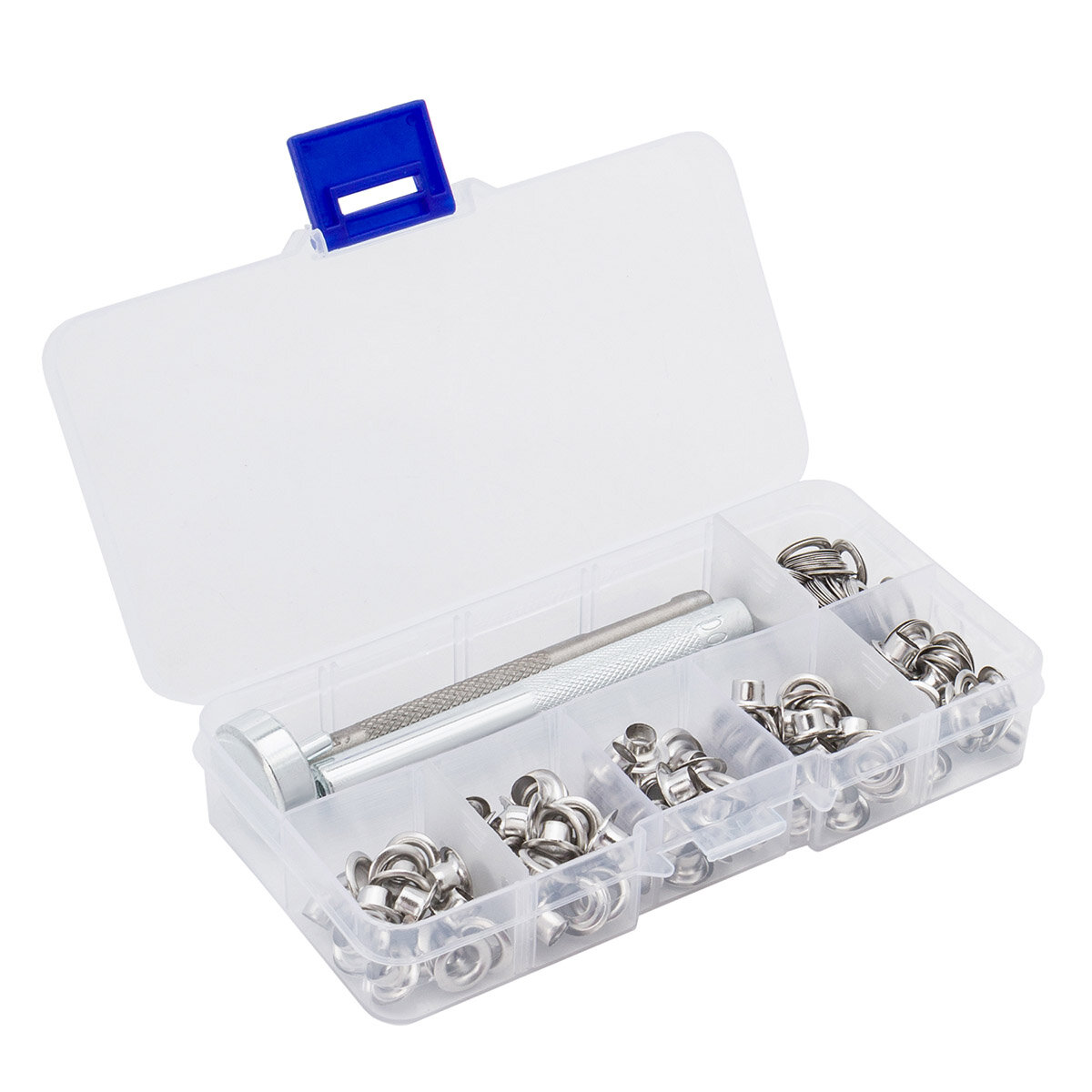 Люверсы с инструментом для установки, никель, d-5мм, упак./100 компл.(+/- 2 шт), в органайзере 12,7*6,5*2,2см, цвет никель