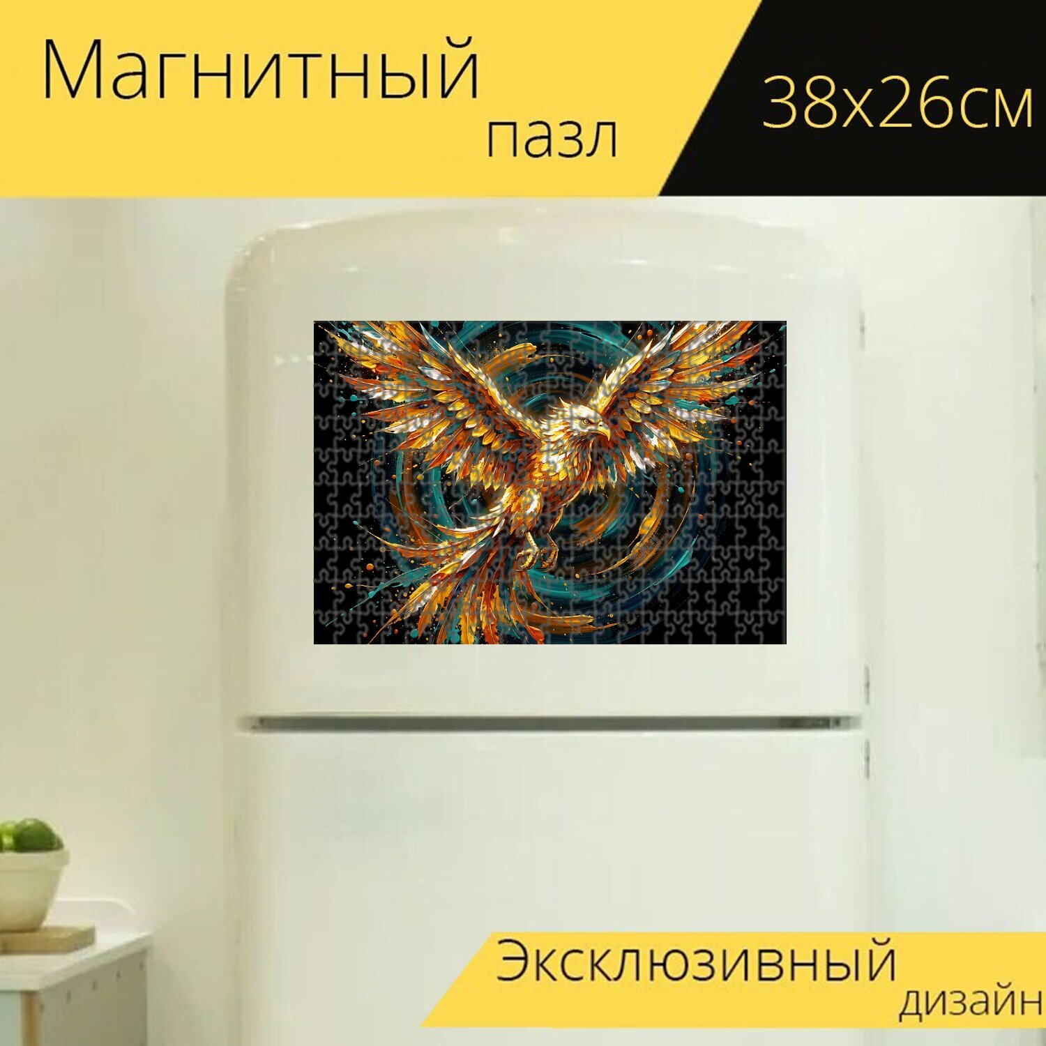 Магнитный пазл "Золотой феникс в полёте. Яркая фантазийная птица с распахнутыми крыльями, выполненная в золотых, бирюзовых и оранжевых оттенках. Эффект." для интерьера, 38х26 см.