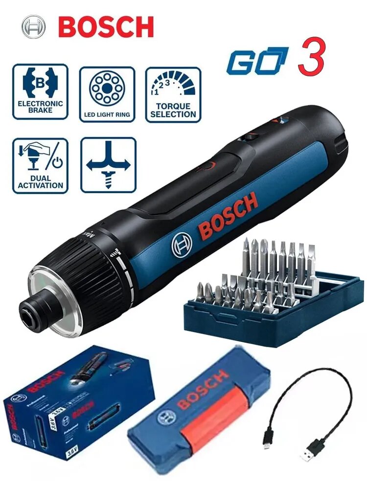 Электрическая отвертка Bosch GO3 Generation 25 бит 1 удлинитель 1 кабель для зарядки 1 коробка
