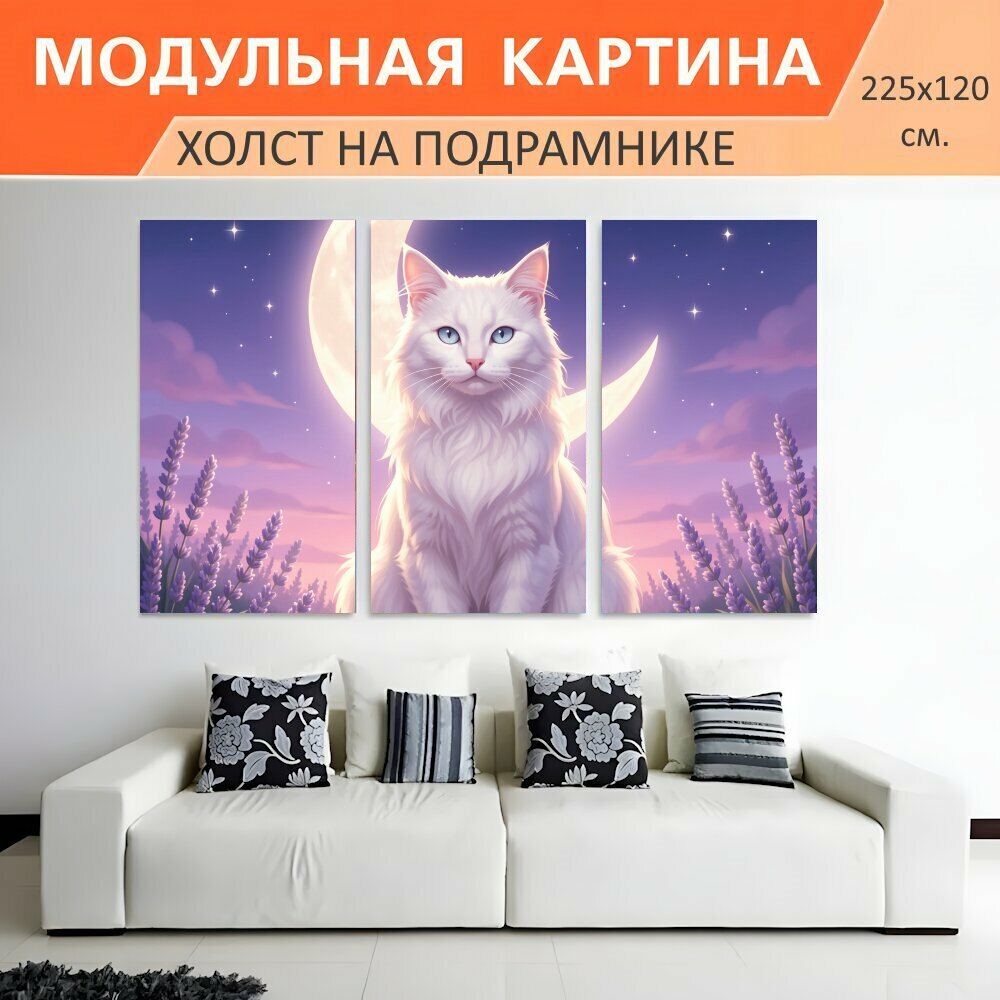 Модульная картина на холсте "Белый кот под луной. Нежный сказочный сюжет с пушистым светлым питомцем на фоне серпа луны и звёздного." триптих на подрамнике 225х120 см. для интерьера