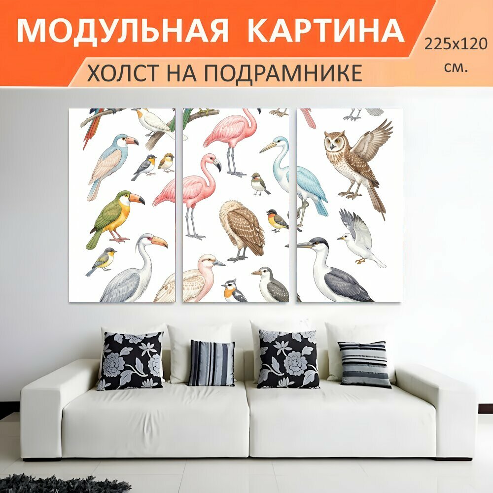 Модульная картина на холсте "Разнообразные птицы на ветках. Акварельные пернатые разных видов: туканы, попугаи, фламинго, цапли, совы." триптих на подрамнике 225х120 см. для интерьера