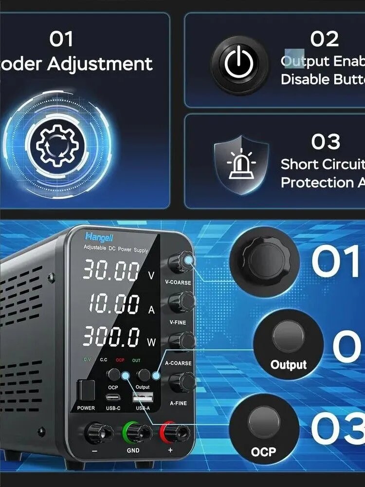 Лабораторный блок питания HPS3010, 300Вт, 0-30В/0-10А, черный матовый — фото 1