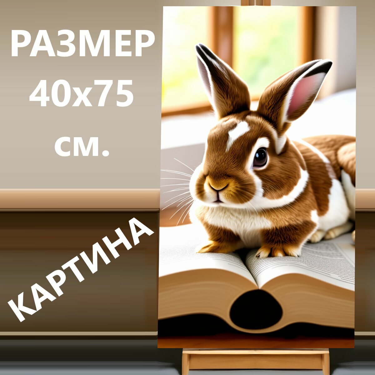 Картина на холсте "Кролик с белыми и коричневыми пятнами лежит на раскрытой книге, на его теле и книге лежат ромашки, в фоне солнце, окно." на подрамнике 75х40 см. для интерьера
