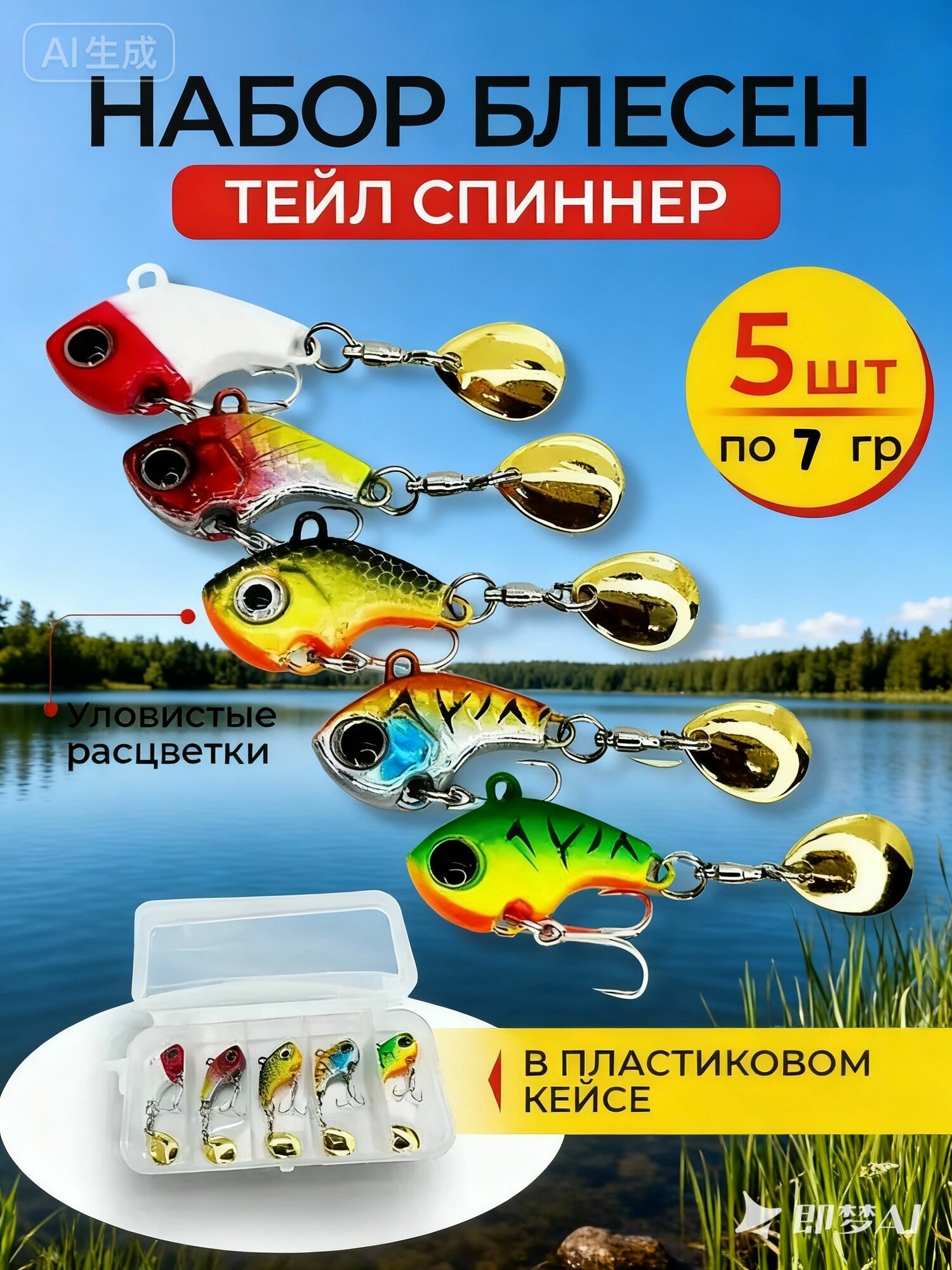 Набор тейл-спиннер блесен 5 шт. для дальнего заброса и вращающейся рыбалки, 5 цветов