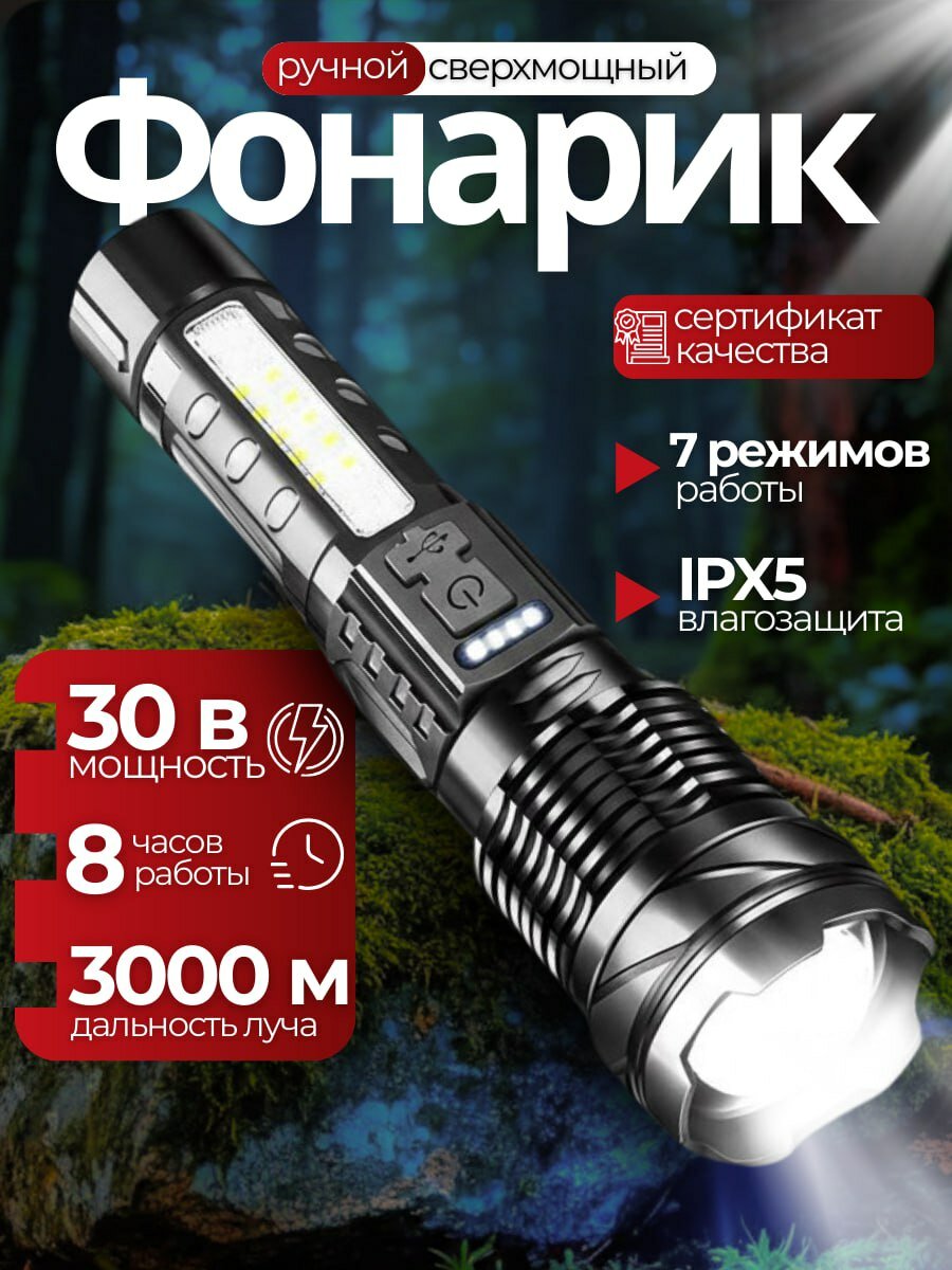 Фонарик аккумуляторный ручной с лазерным диодом
