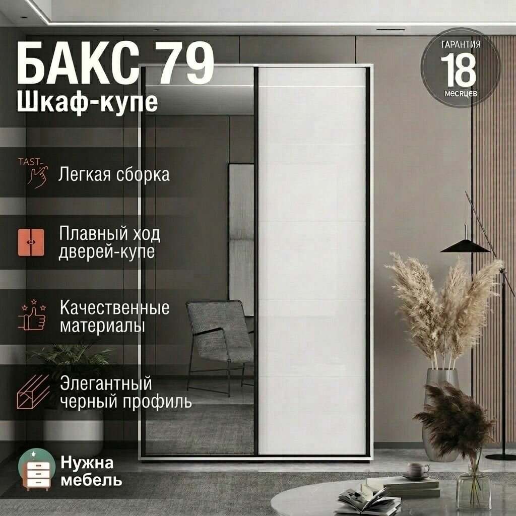 Шкаф-купе для одежды двухдверный с зеркалом, Модель Бакс 79 с полками и штангой, Белого цвета и черным профилем, Мебель в спальню, прихожую и гостиную