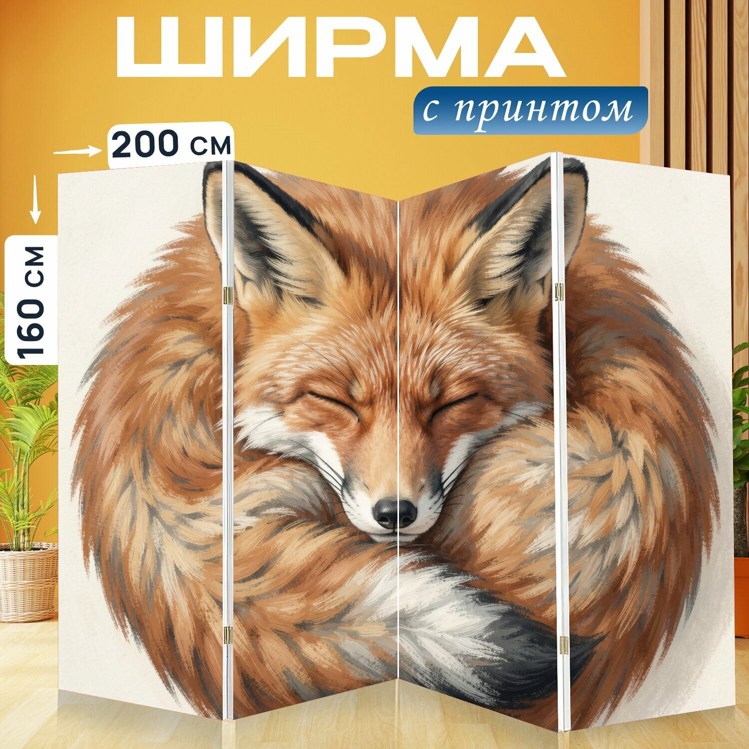 Ширма "Лиса, свернувшаяся клубком. Милая рыжая лисица с закрытыми глазами, свернувшаяся в пушистый комок." перегородка для зонирования комнаты с принтом 200x160 см. на холсте