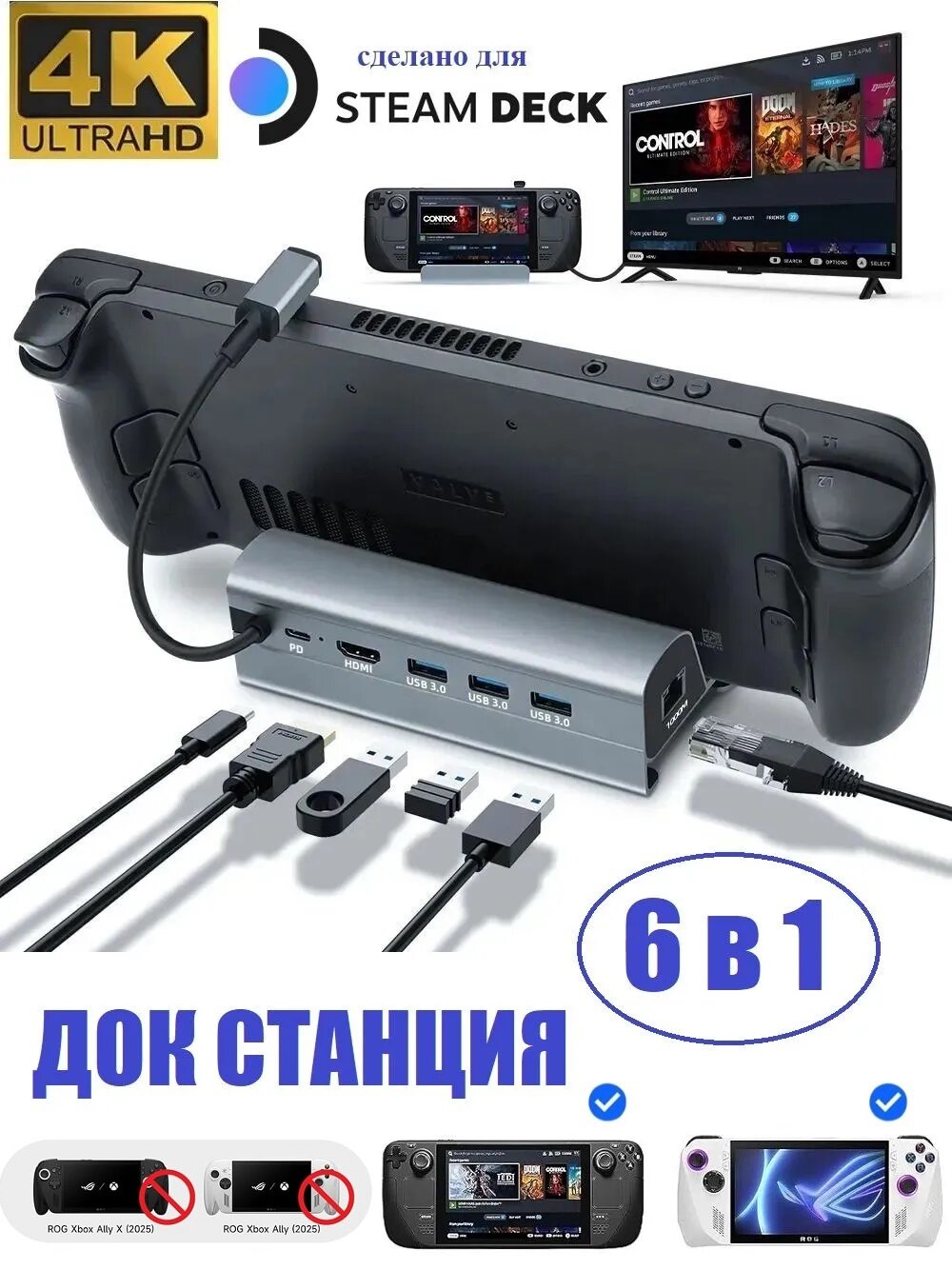Док станция хаб USB-С 6 в 1 для Steam Deck, Nintendo Switch, RogAlly, KS-is