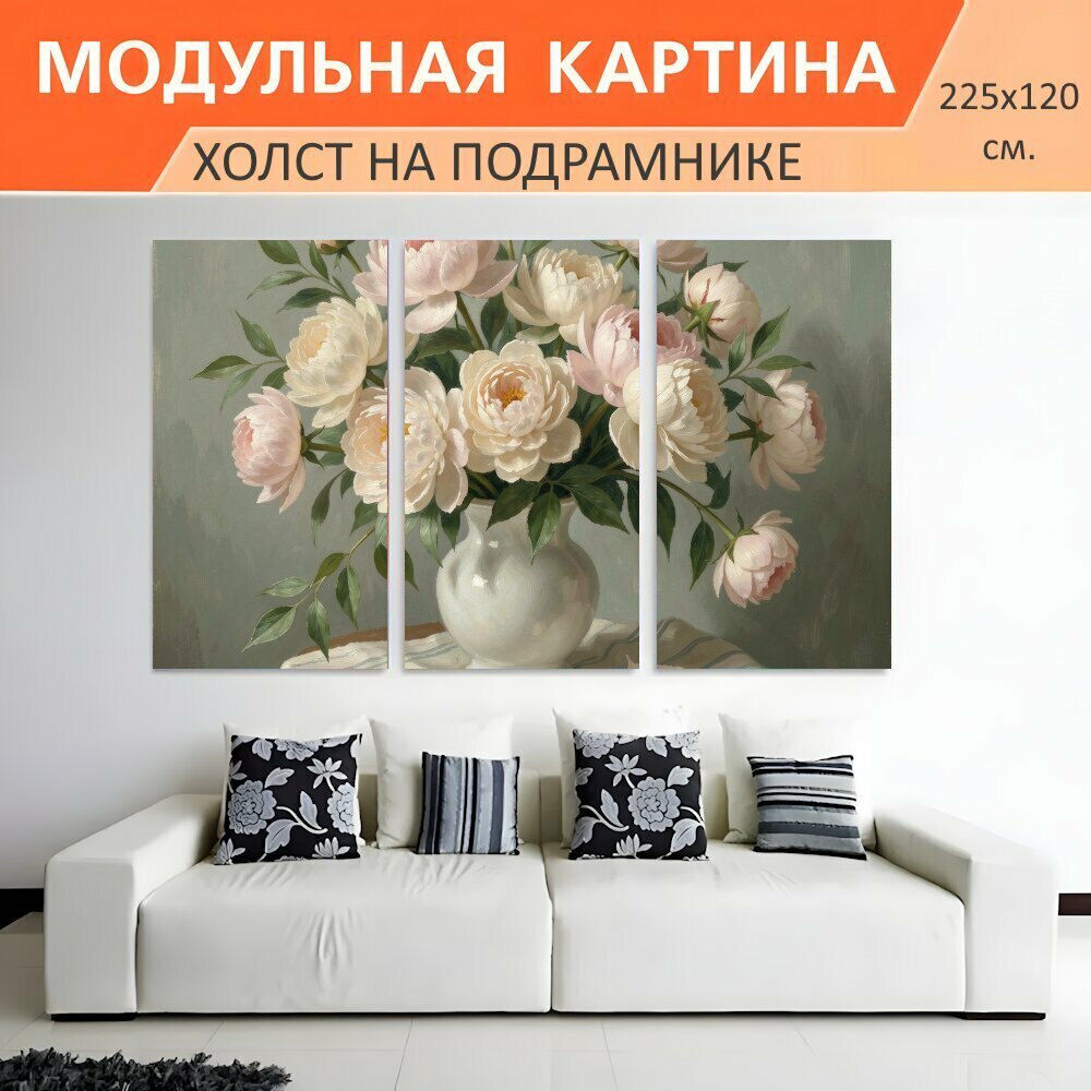 Модульная картина на холсте "Нежные пионы в белой вазе. Роскошный букет садовых цветов в керамическом сосуде на драпированной ткани." триптих на подрамнике 225х120 см. для интерьера