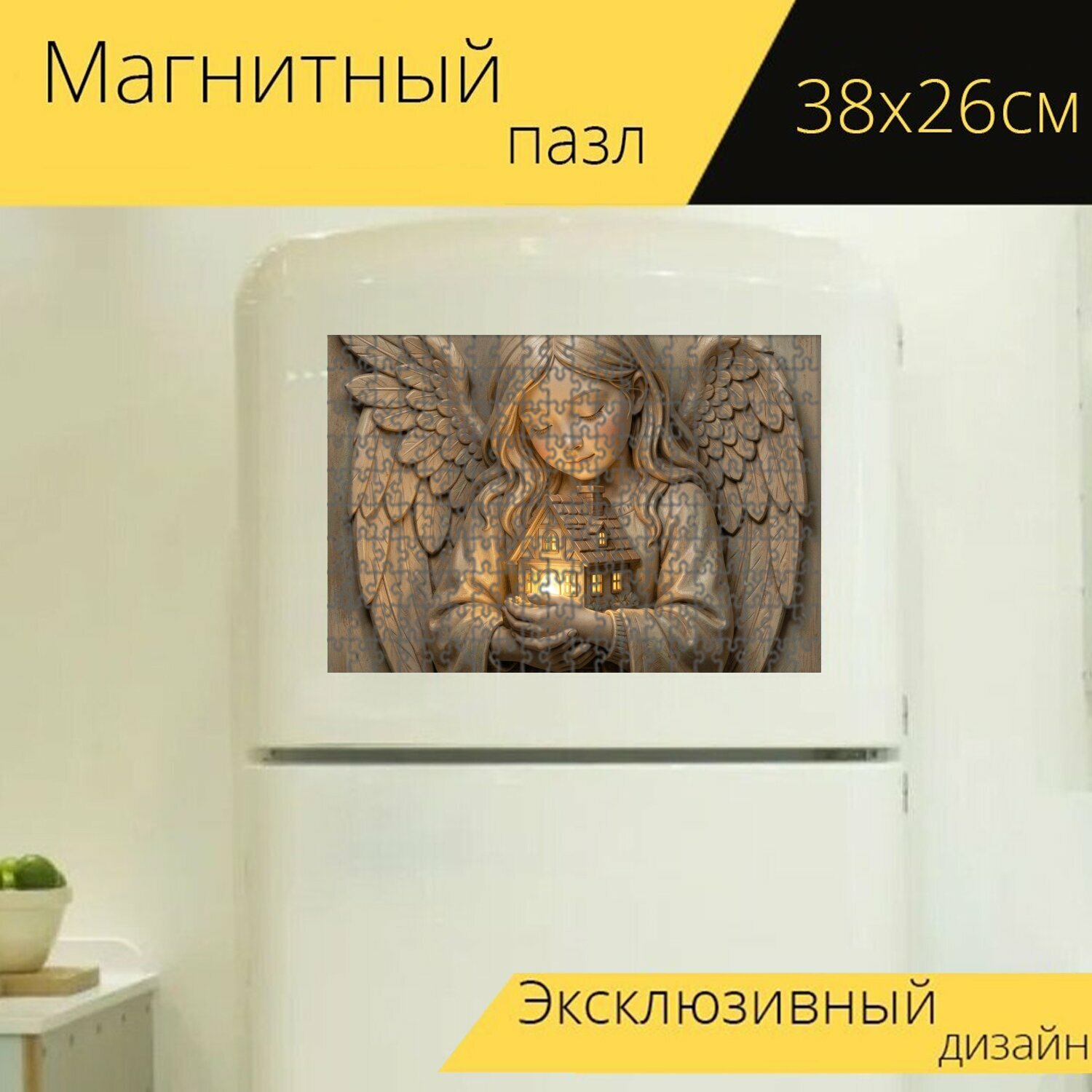 Магнитный пазл "Ангел с домиком в руках. Нежная деревянная скульптура с крылатой девушкой, бережно держащей светящийся миниатюрный дом. Пастельные." для интерьера, 38х26 см.