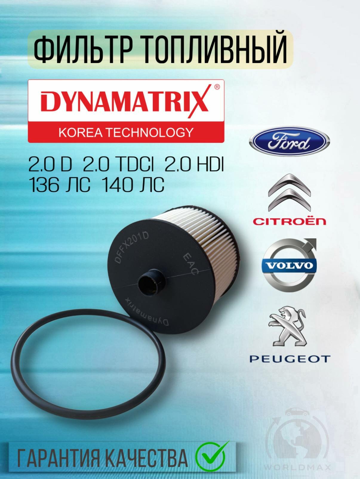 DYNAMATRIX-KOREA Фильтр топливный арт. FORD CITROEN VOLVO PEUGEOT Форд Вольво Пежо 2.0HDI 2.0TDCI 1318563 1906C0 190689 DFX201, 1 шт.