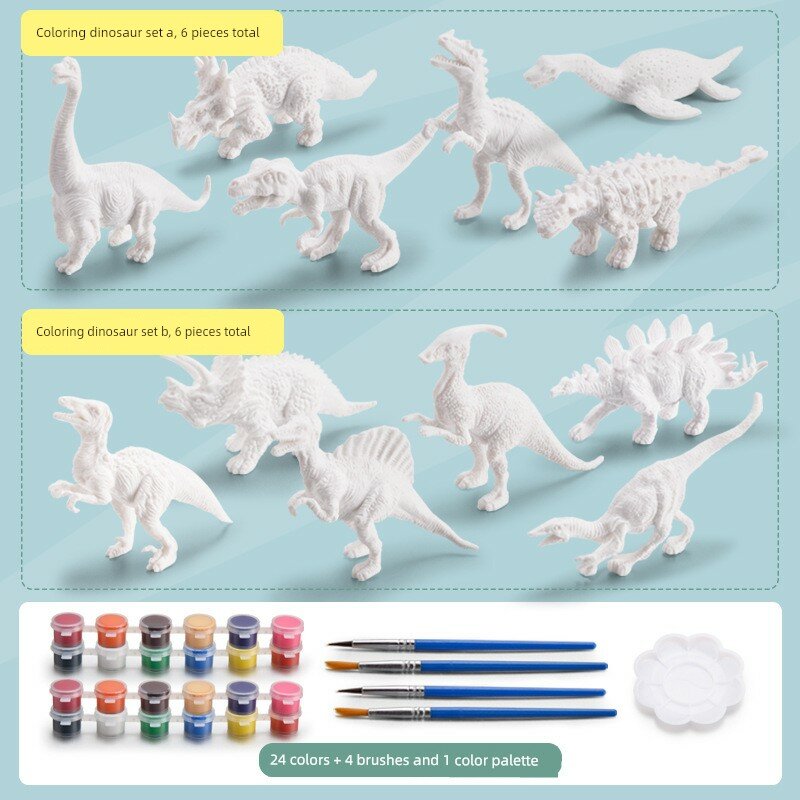 12 динозавров A-стиля, 4 кисти, 24 цвета, поднос для творческих детей