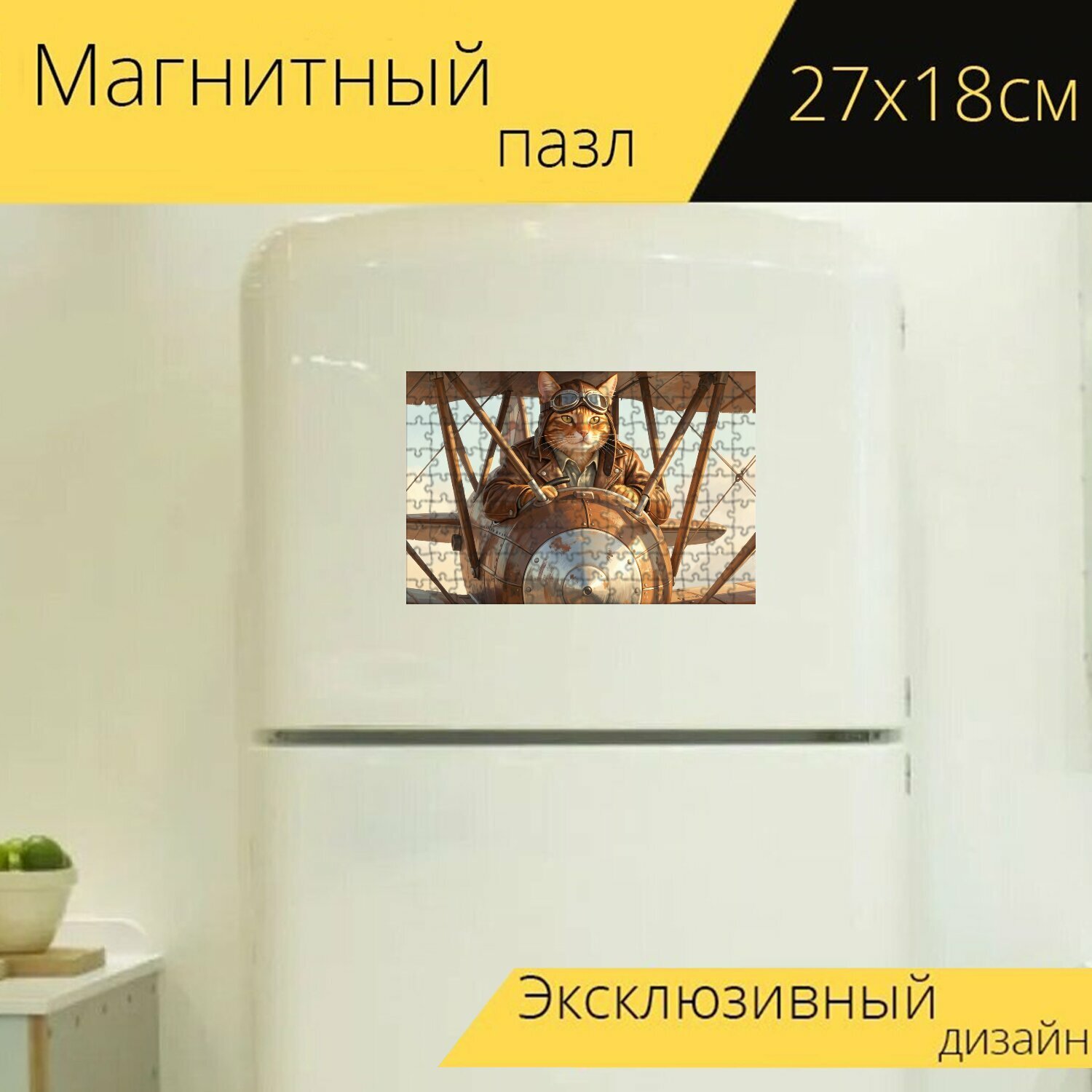 Магнитный пазл "Кот в кожаной куртке за штурвалом. Иллюстрация в винтажно-авиационном стиле: рыжий кот в очках и кожаной одежде управляет старым." на холодильник 27 x 18 см.