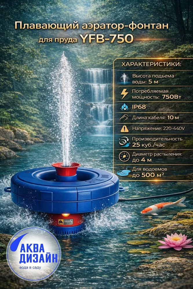 Плавающий аэратор-фонтан для пруда(водоема) YFB-750, (25куб/ч, S-500m2 )