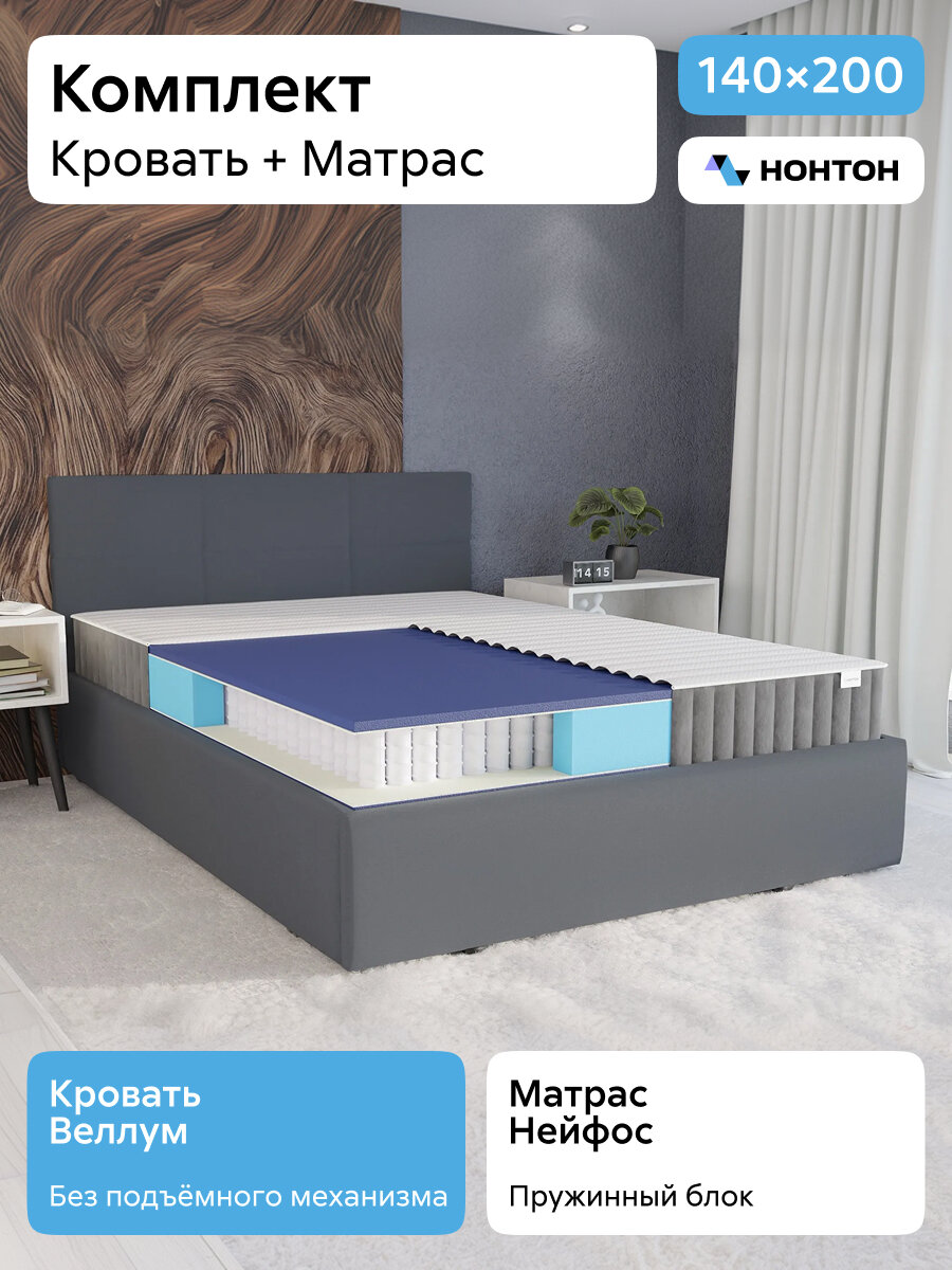 Кровать двуспальная Нонтон Веллум, 140x200 см, настил, Матрас НПБ 4 Нэйфос, велюр темно-серый
