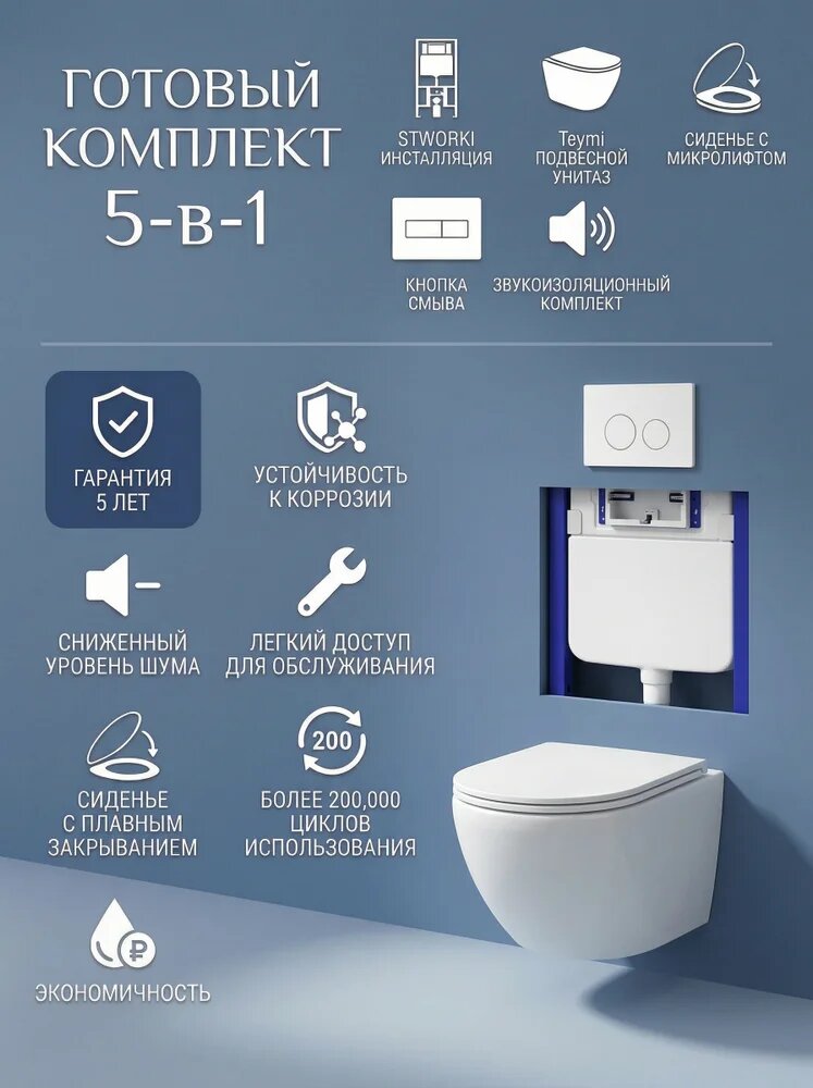 Комплект 5 в 1: Инсталляция STWORKI Хельсинки S33500WH / Унитаз подвесной Teymi Lina S T40102 / Сиденье с микролифтом, Комплект шумоизоляции, Кнопка глянцевая белая