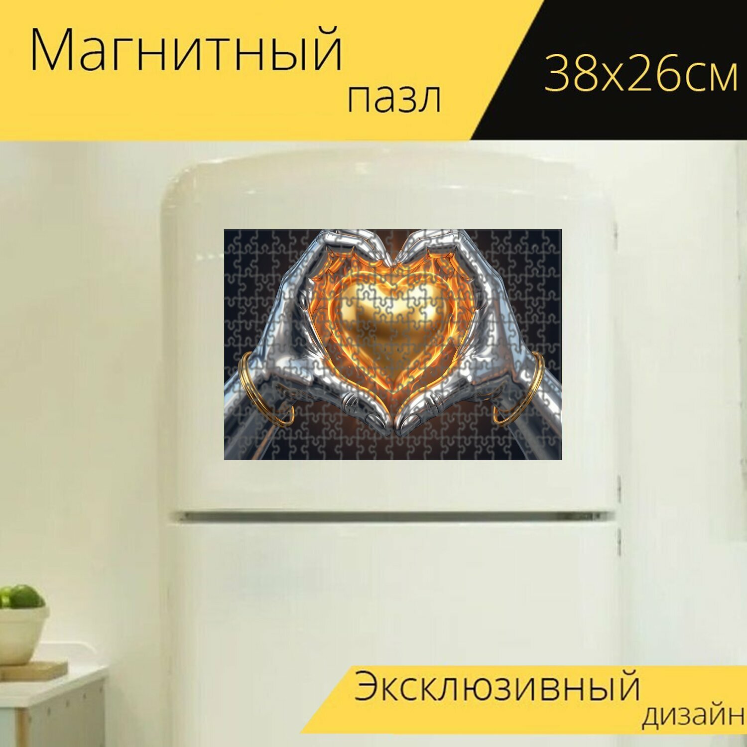 Магнитный пазл "Сердце в сияющих ладонях. Футуристичная композиция: серебристые руки складываются в форму сердца, внутри горит золотое свечение с огненными." для интерьера, 38х26 см.