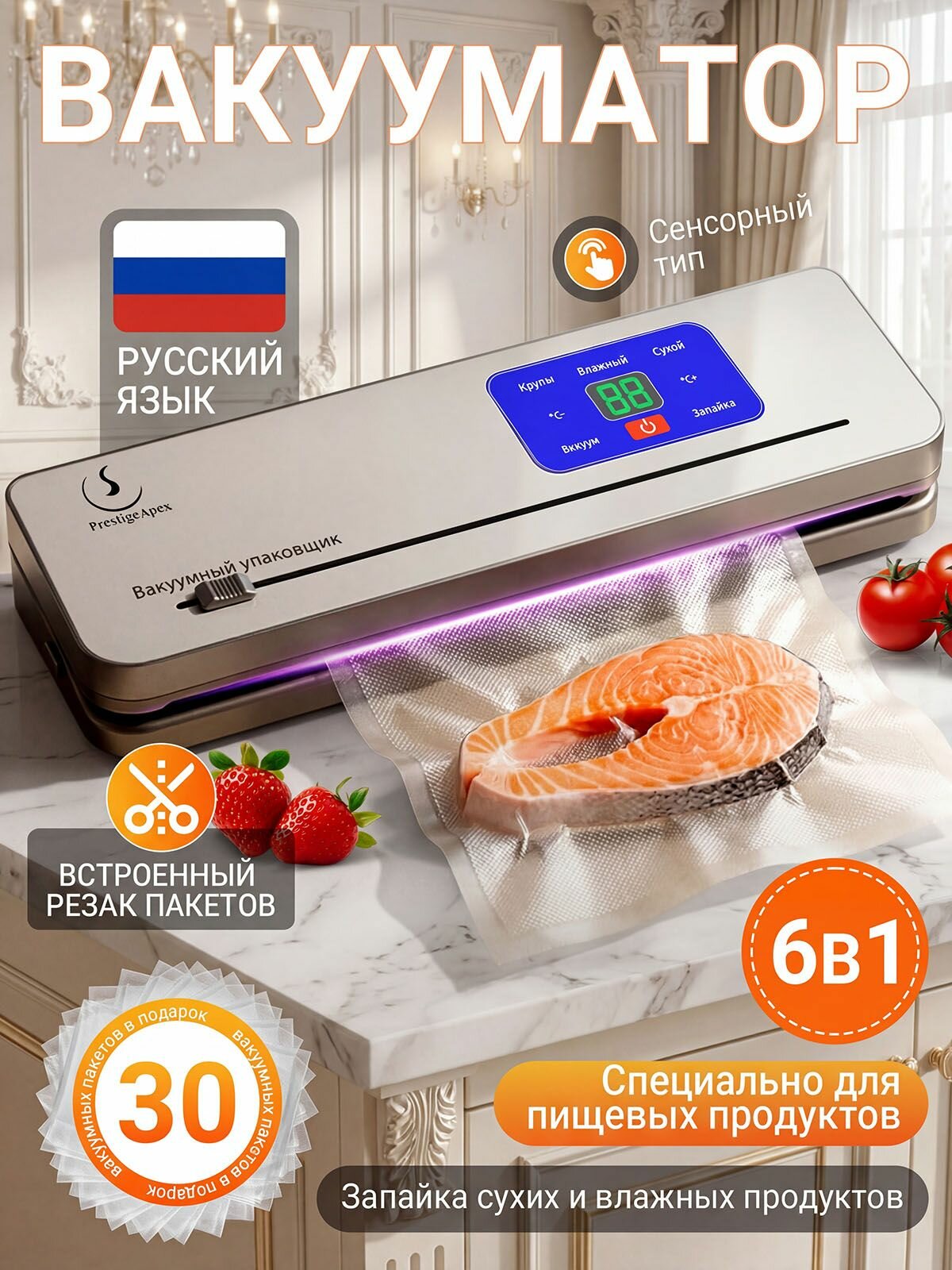 Вакууматор PrestigeApex , вакууматор для продуктов, продуктов с резаком и 30 шт пакетами, Беспроводная портативная наружная упаковочная машина, Функция ультрафиолетовой стерилизации