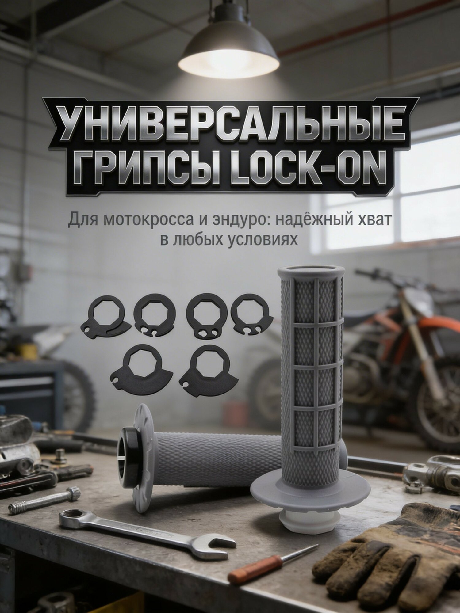 Грипсы Lock-on для мотокросса и эндуро, универсальные мотоциклетные OTOM серые, нескользящая резиновая рукоятка 22 мм и система блокировки болтом