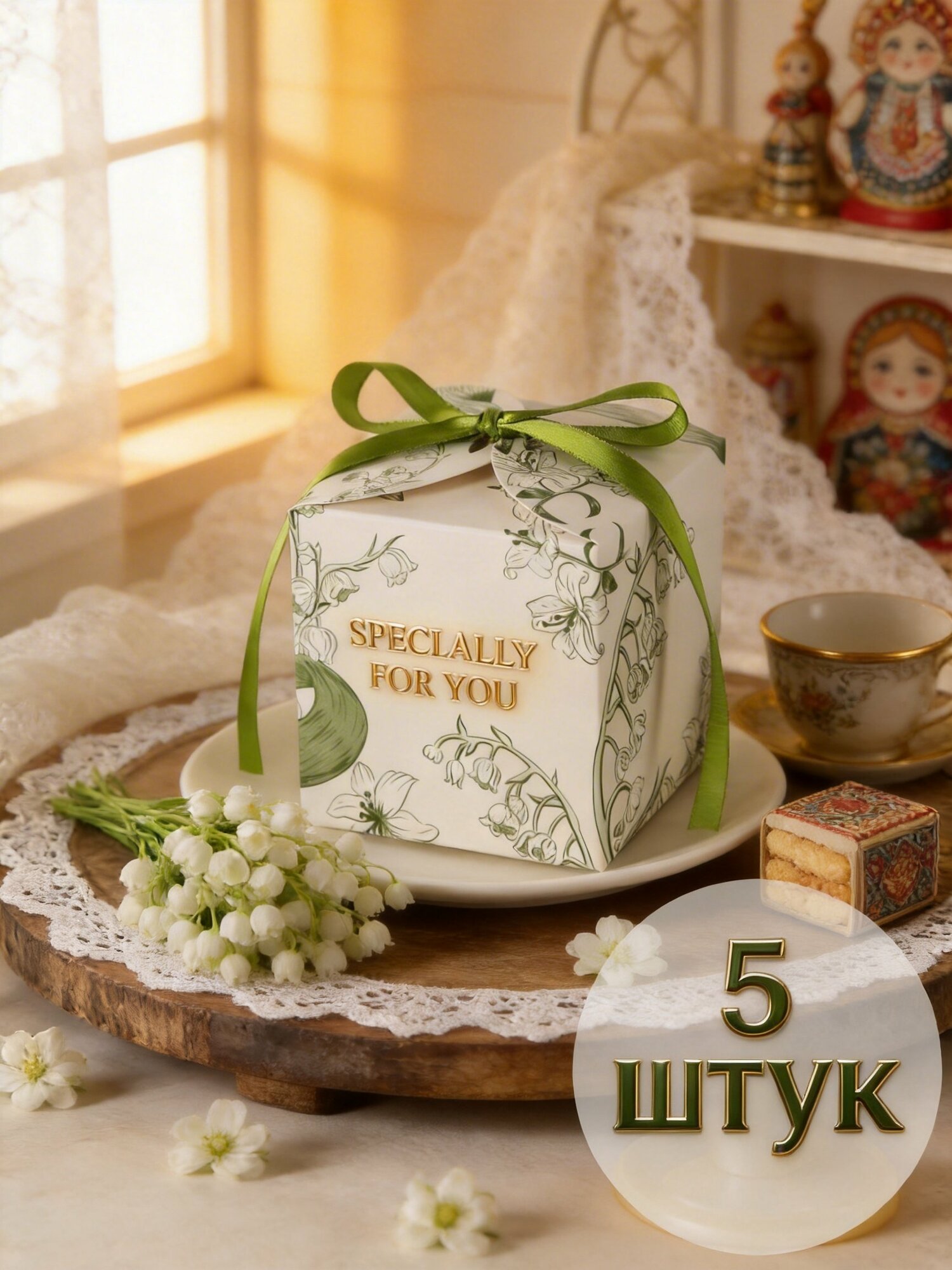 Бонбоньерки для свадьбы и праздников, подарочные коробочки с цветочным узором набор 5 штук с ленточками