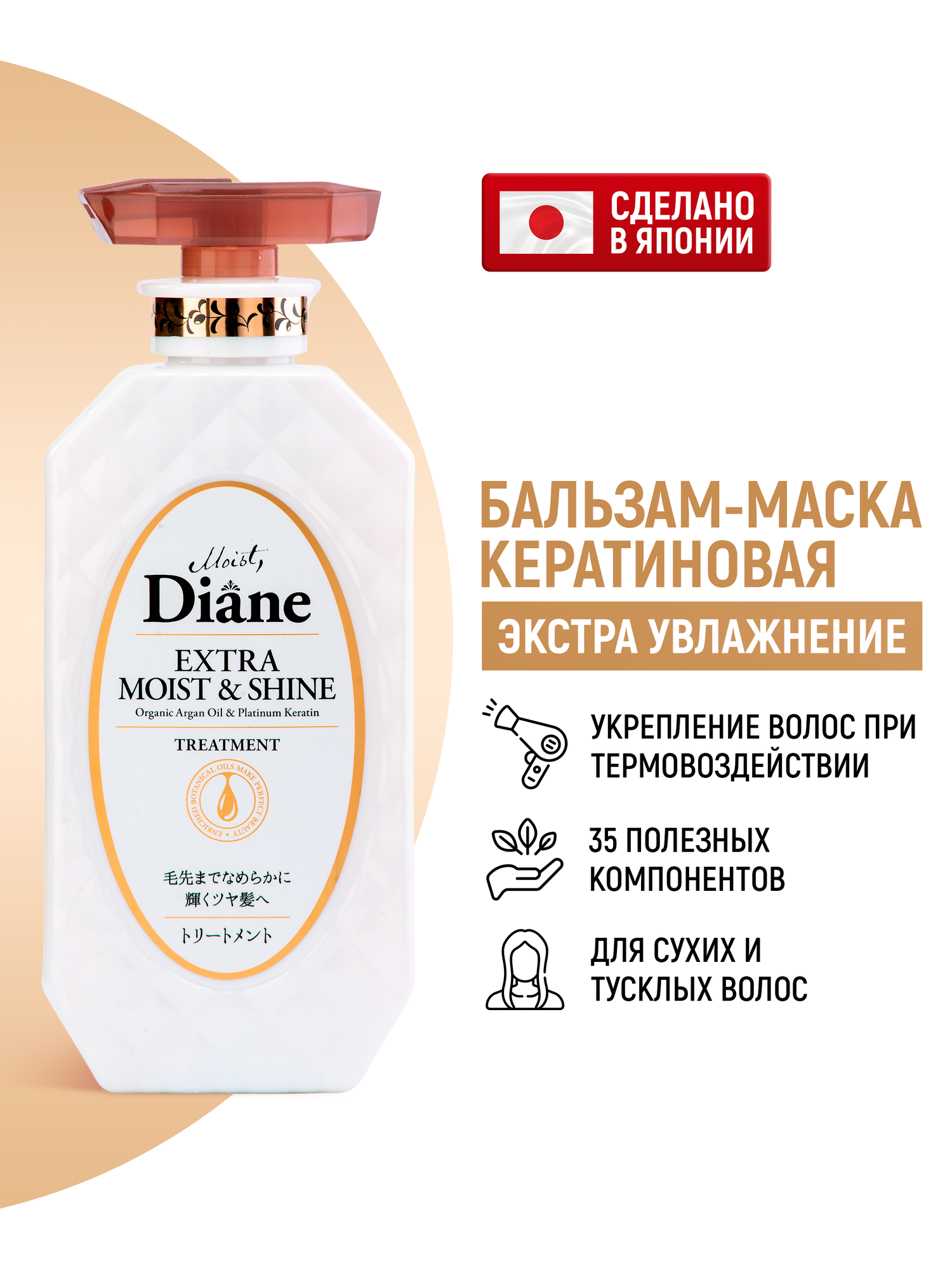 Moist Diane Бальзам-маска кератиновая Perfect Beauty "Увлажнение" / Кондиционер увлажняющий для сухих волос / С кератином, коллагеном и аргановым маслом (Япония), 450 мл