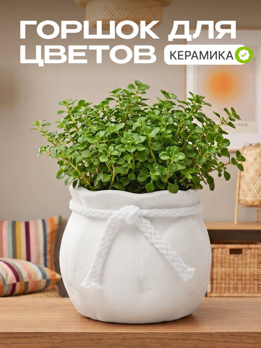 Горшок декоративный для цветов "Мешок белый" керамика, кашпо для растений, суккулентов и кактусов, для дома, дачи