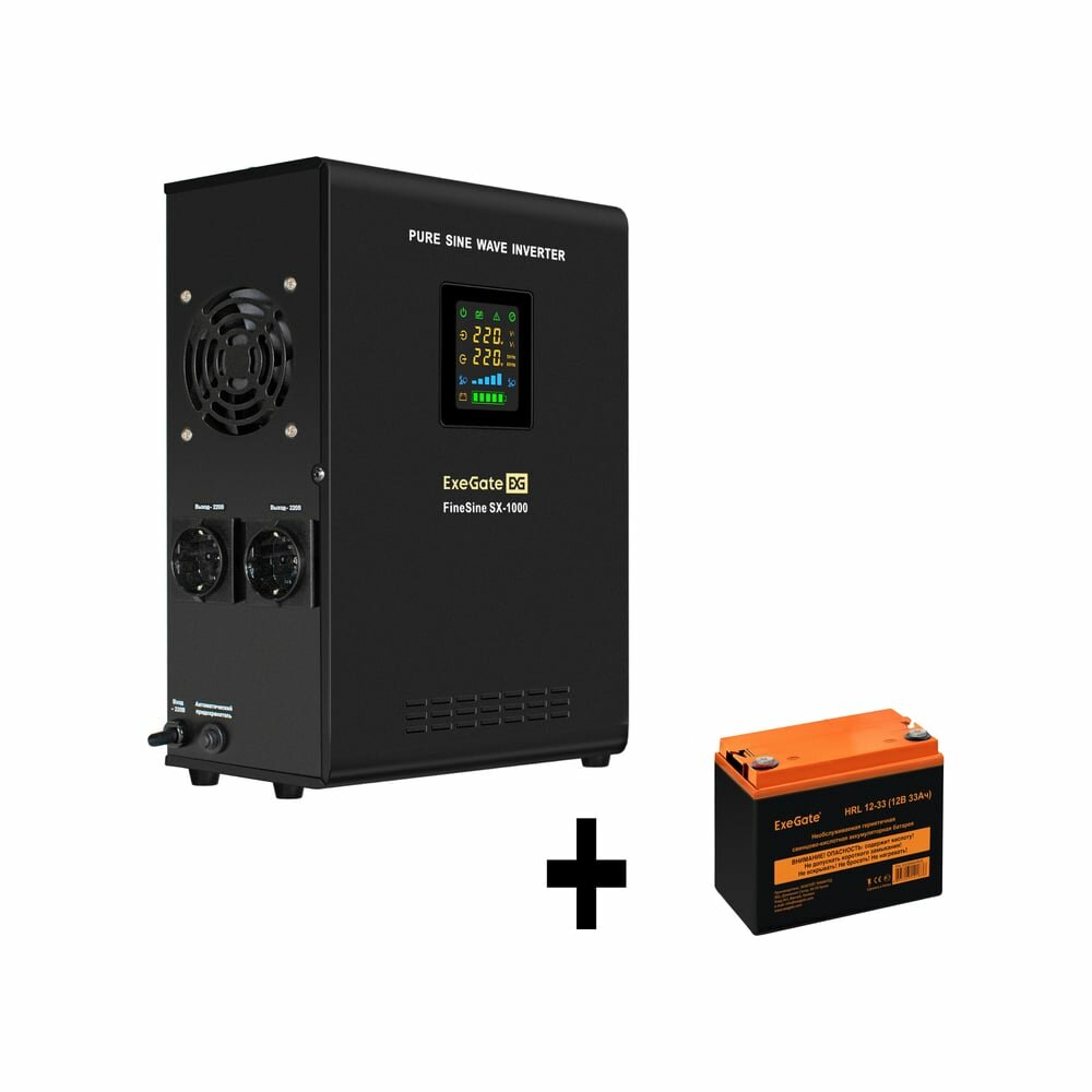 Комплект ИБП ExeGate FineSine SX-500. LCD. AVR.2SH EX295995RUS + батарея 33Aч EX285664RUS, 1шт, черный